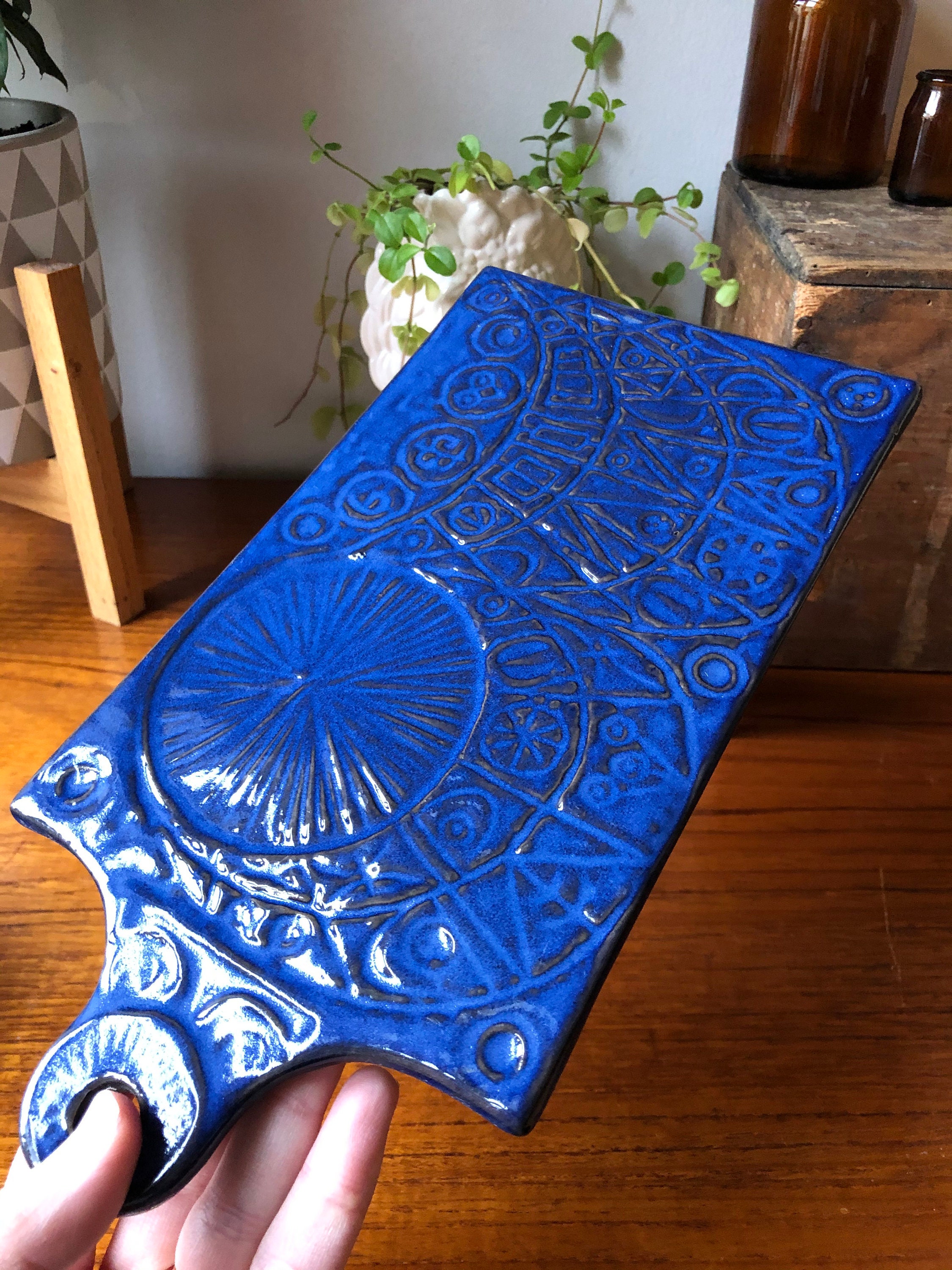 Scandinavian Blue ceramic art tile plaque midcentury modern design wall ...