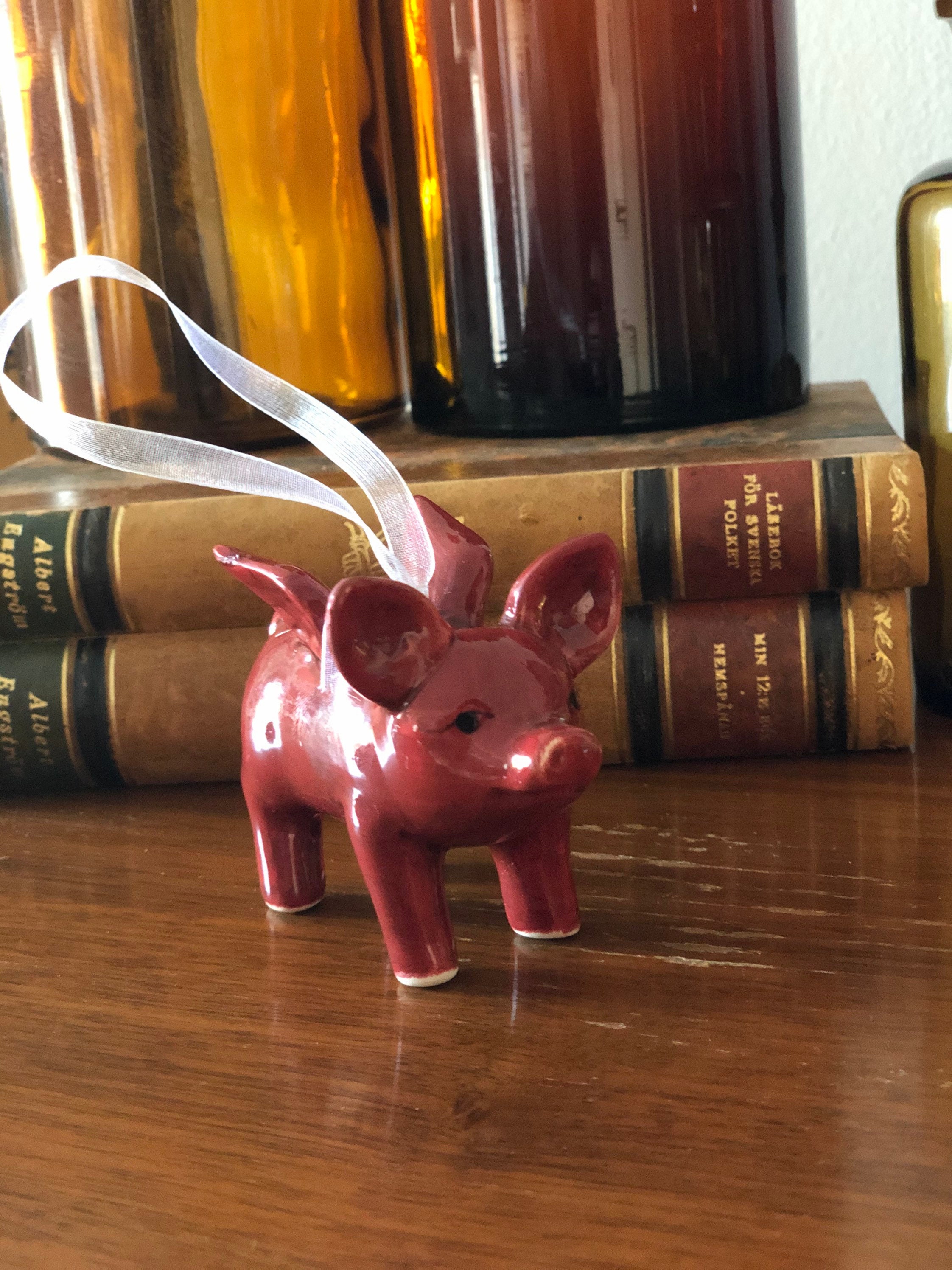Ceramic flying pig Swedish Christmas tree ornament burgundy decor with ...