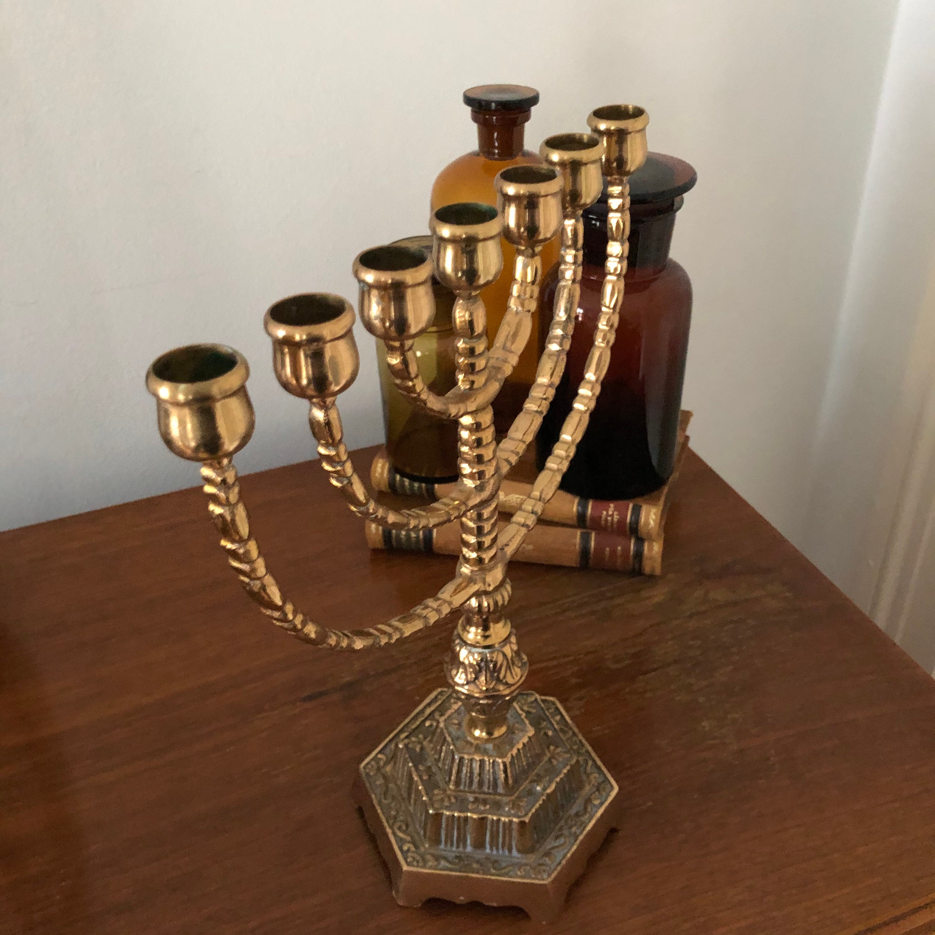 Heavy bronze menorah vintage pedestal stunning 7 arm bronze malm