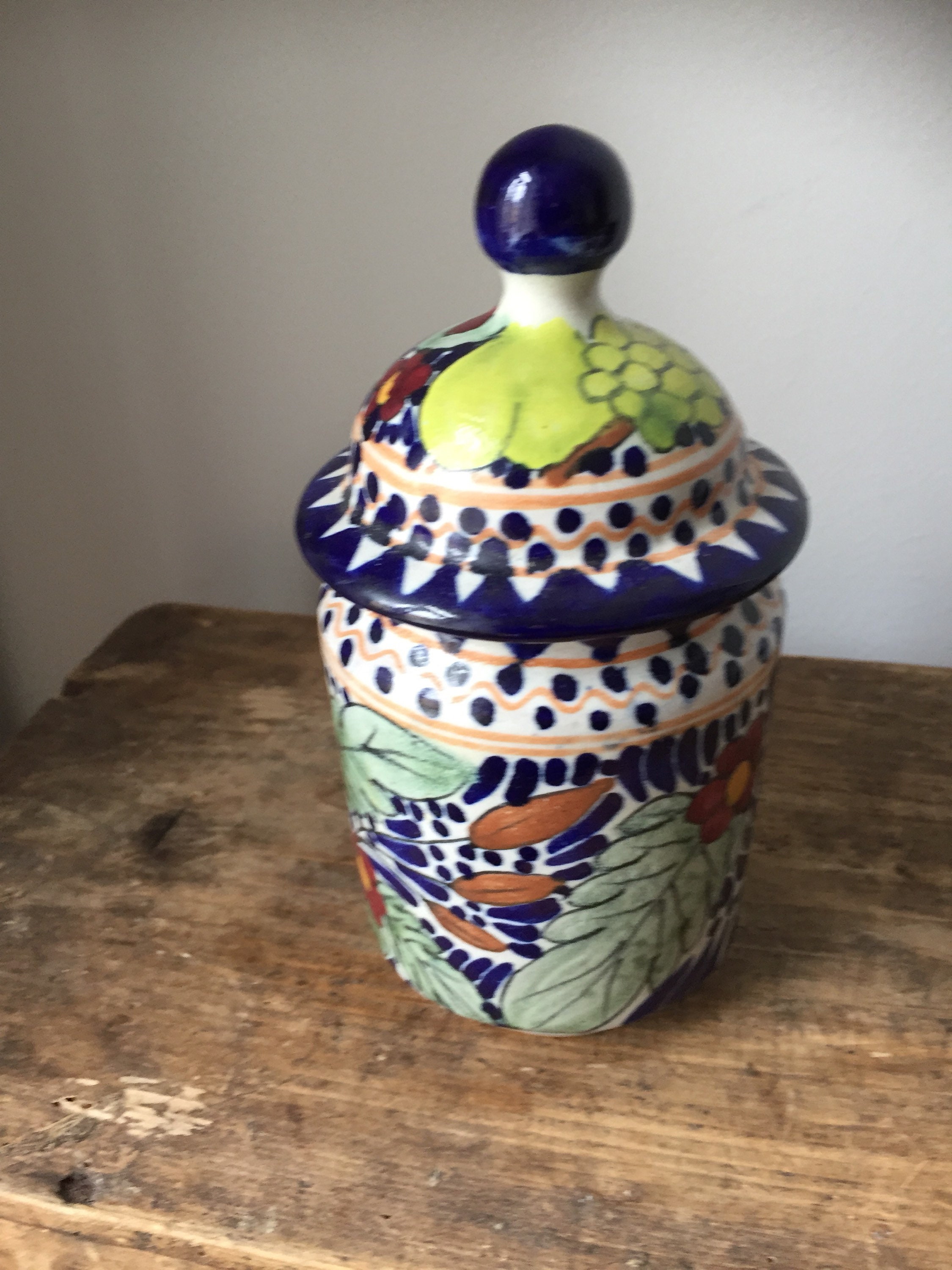 older Mexican pottery cayetano Corona folk art jar lid canister pot ...