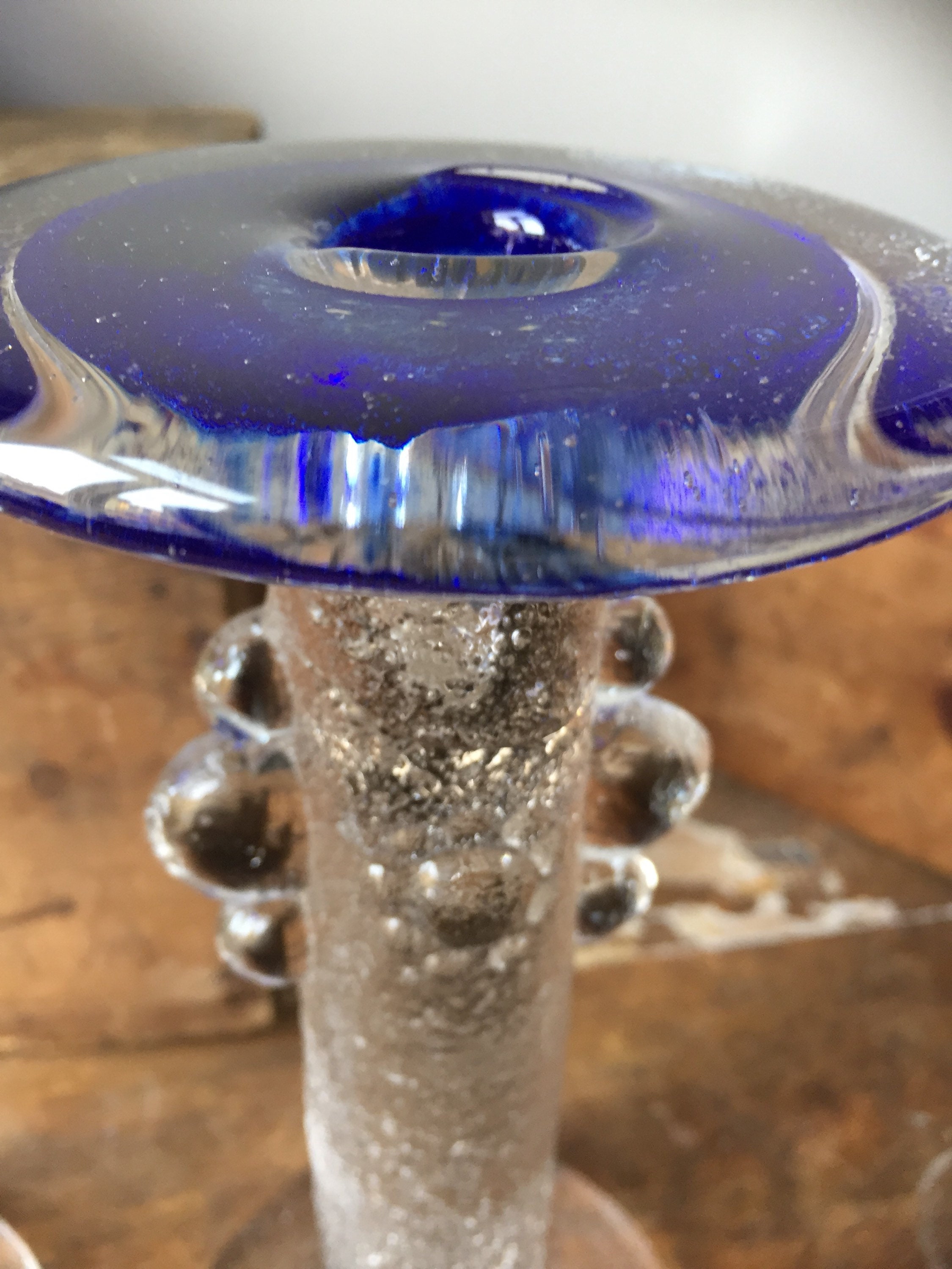 Vintage crystal blue glass pair candle holders Ice sculpture texture ...