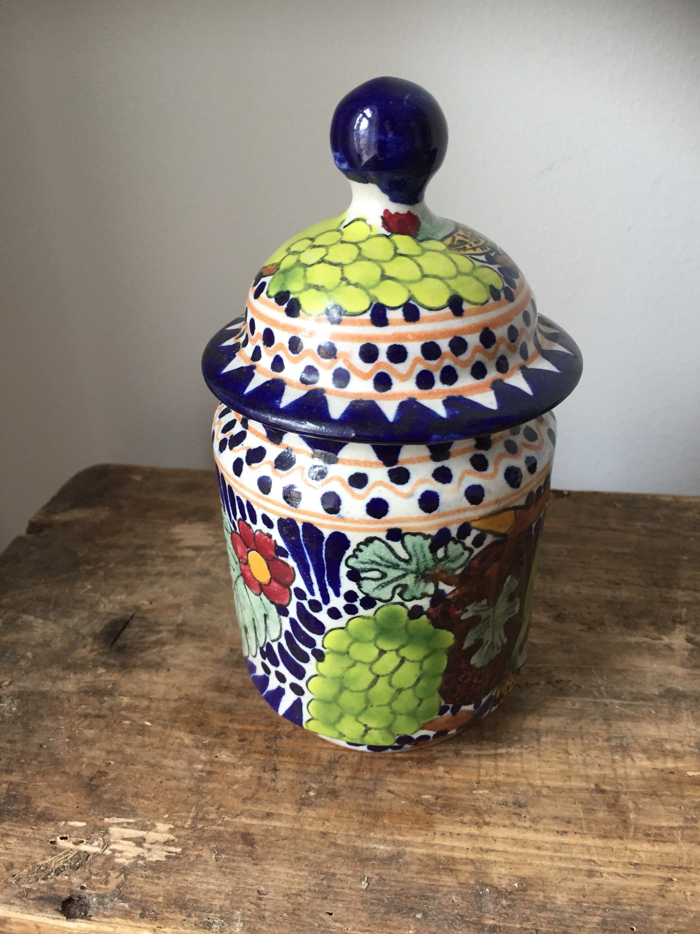 older Mexican pottery cayetano Corona folk art jar lid canister pot ...