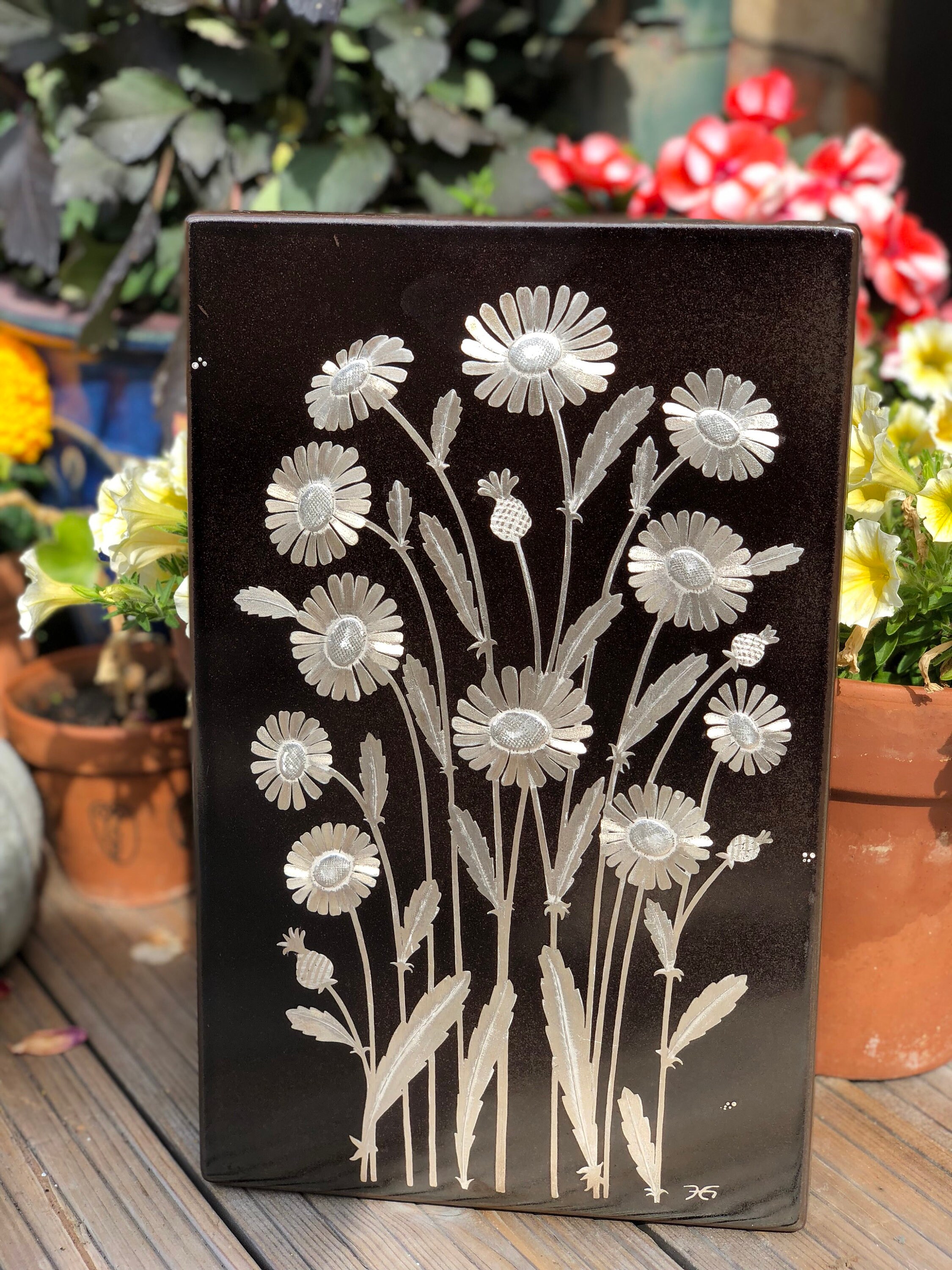 Gustavsberg art ceramic tile plaque from 1976 silver daisies designed ...