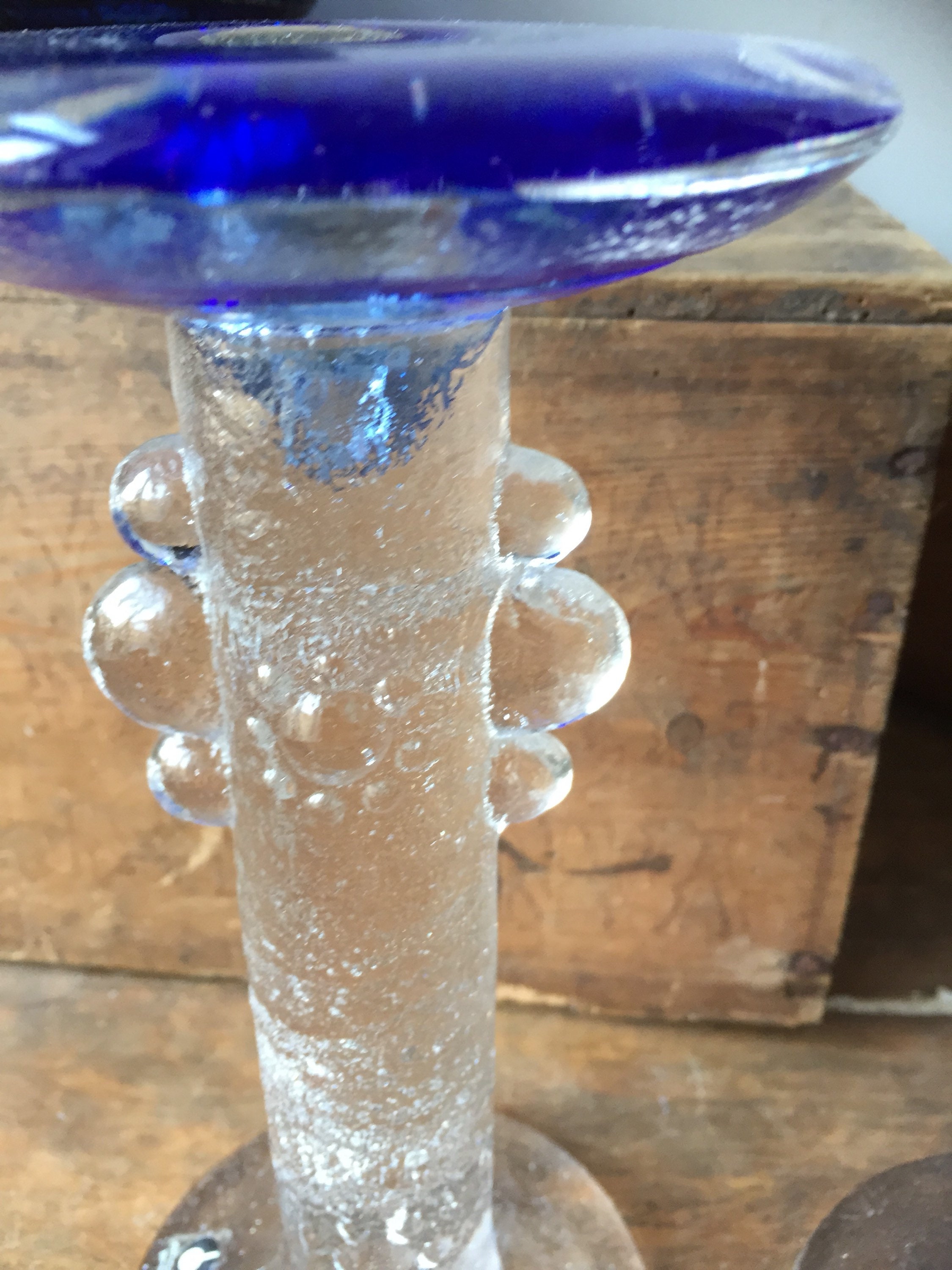 Vintage crystal blue glass pair candle holders Ice sculpture texture ...