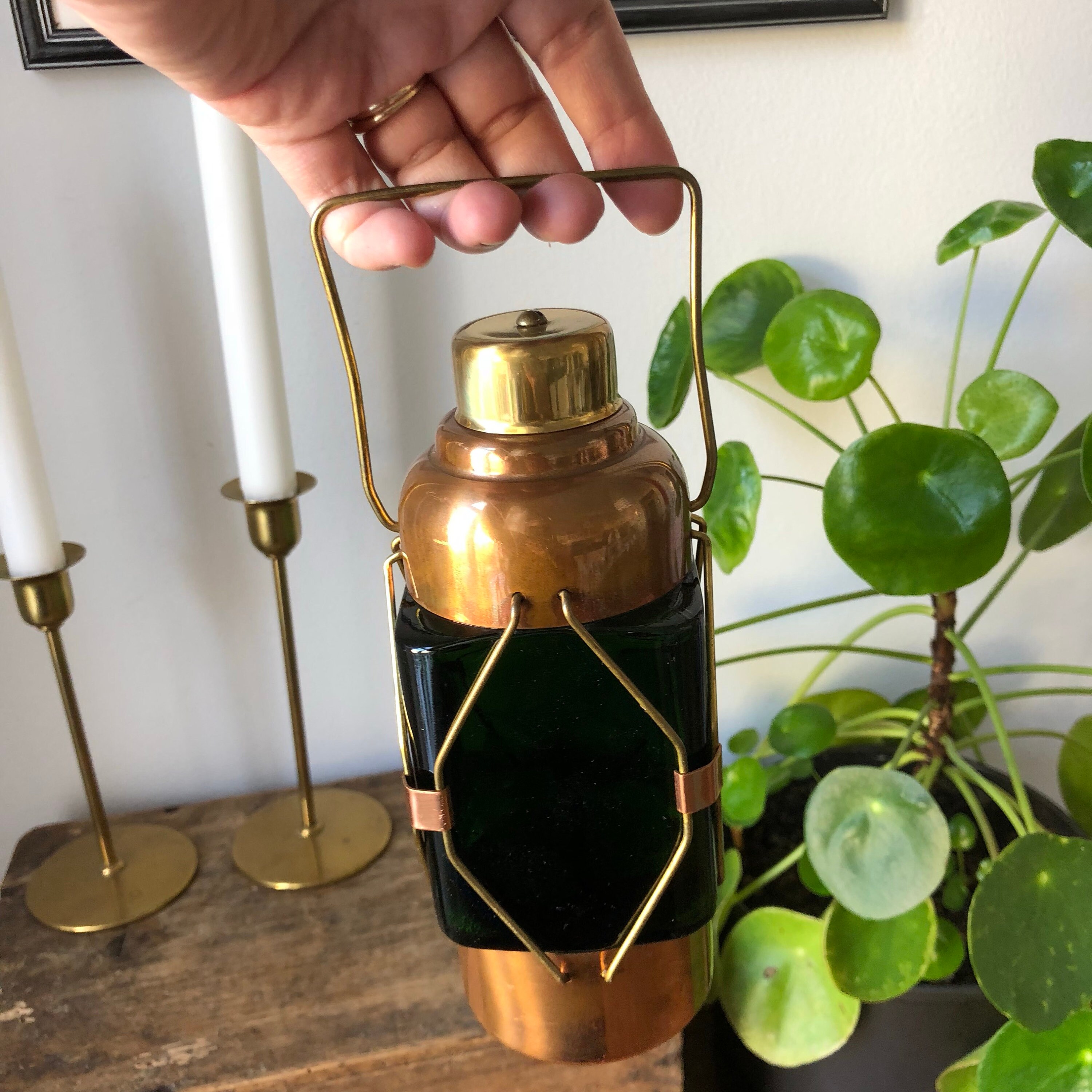 Swedish decanter brass copper glass ship lantern green glass late ...