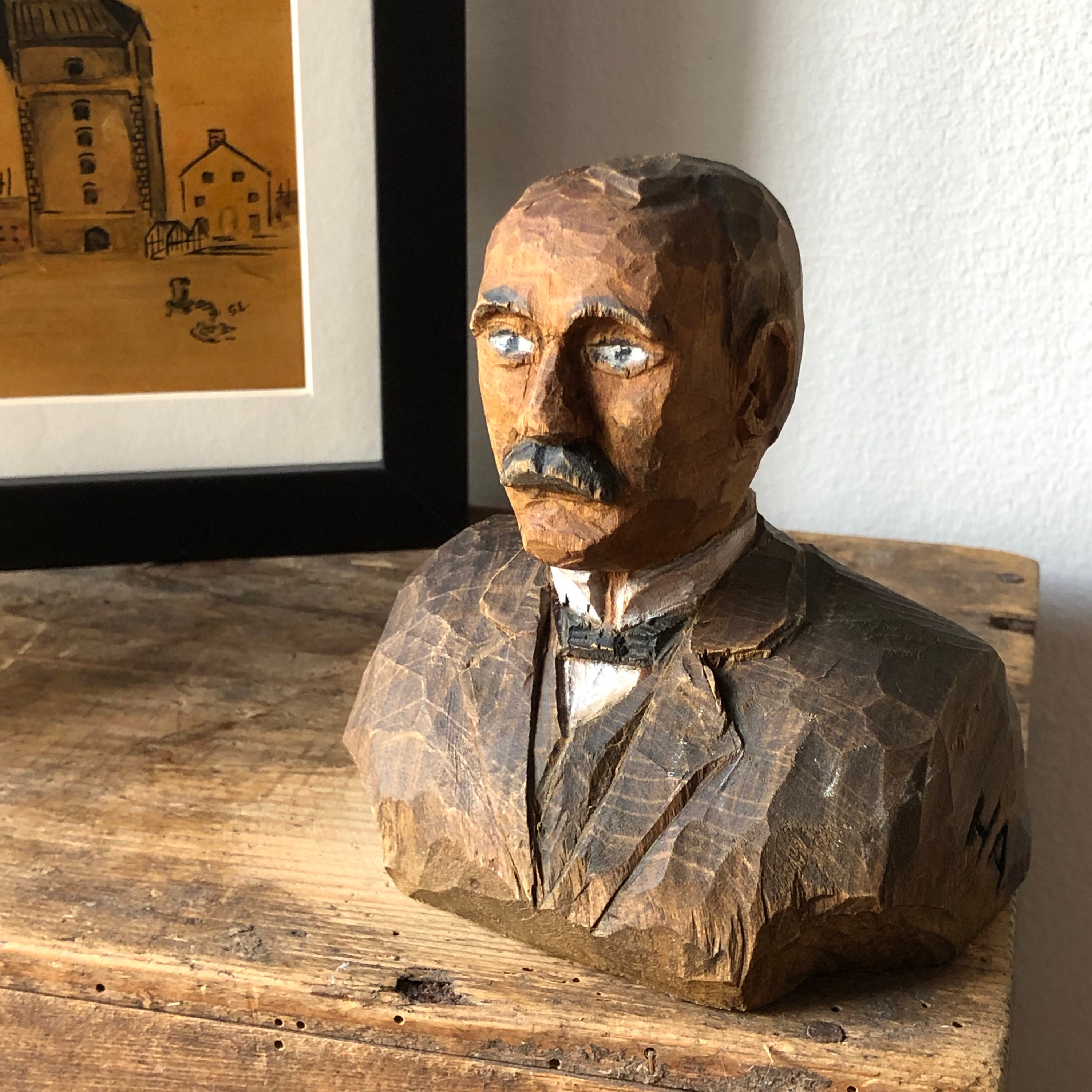 Swedish hand carved wooden bust figurine signed hand painted original ...