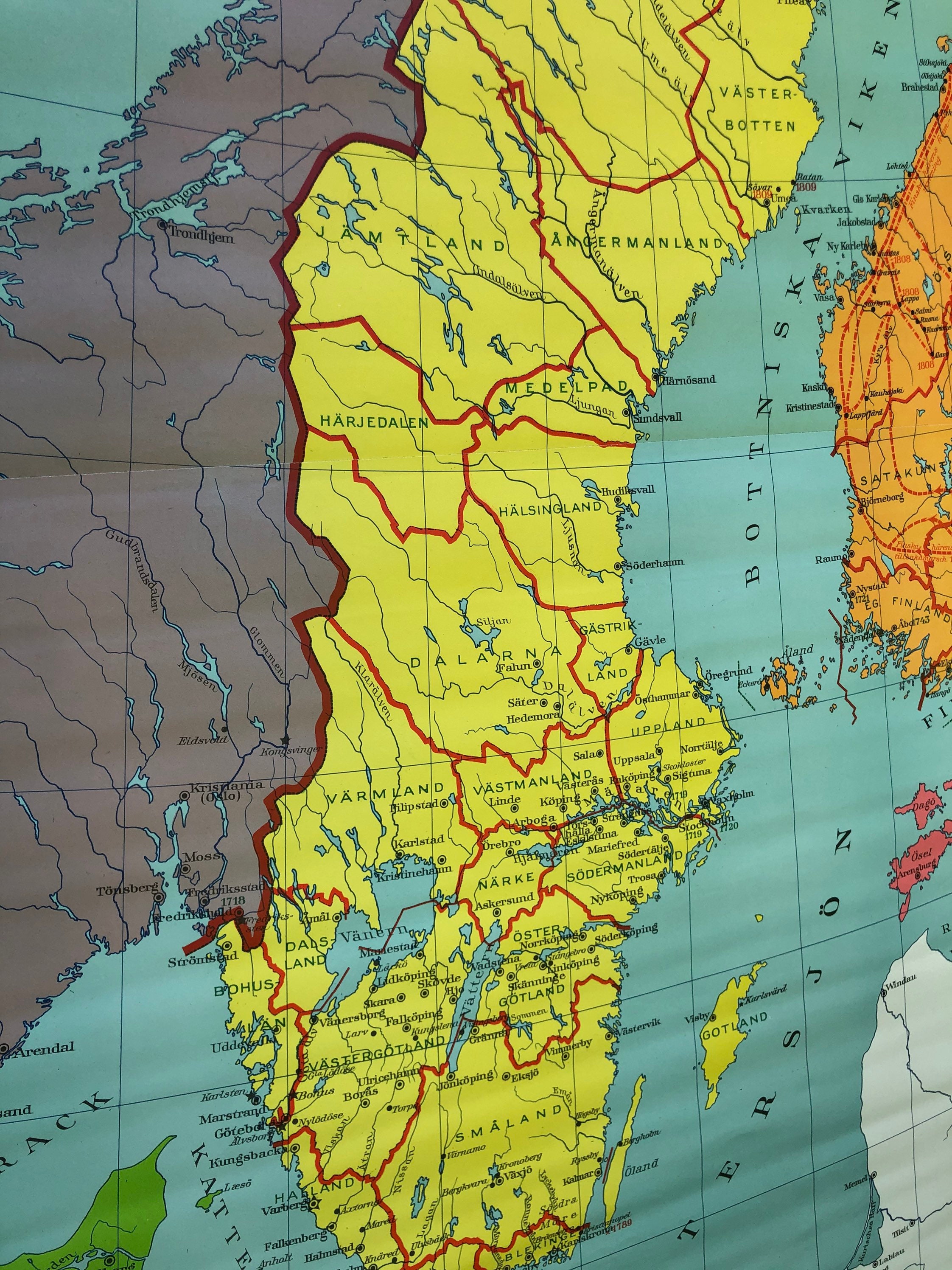 Large Vintage Swedish classroom wall Map of Scandinavian/ Norden 1718 ...