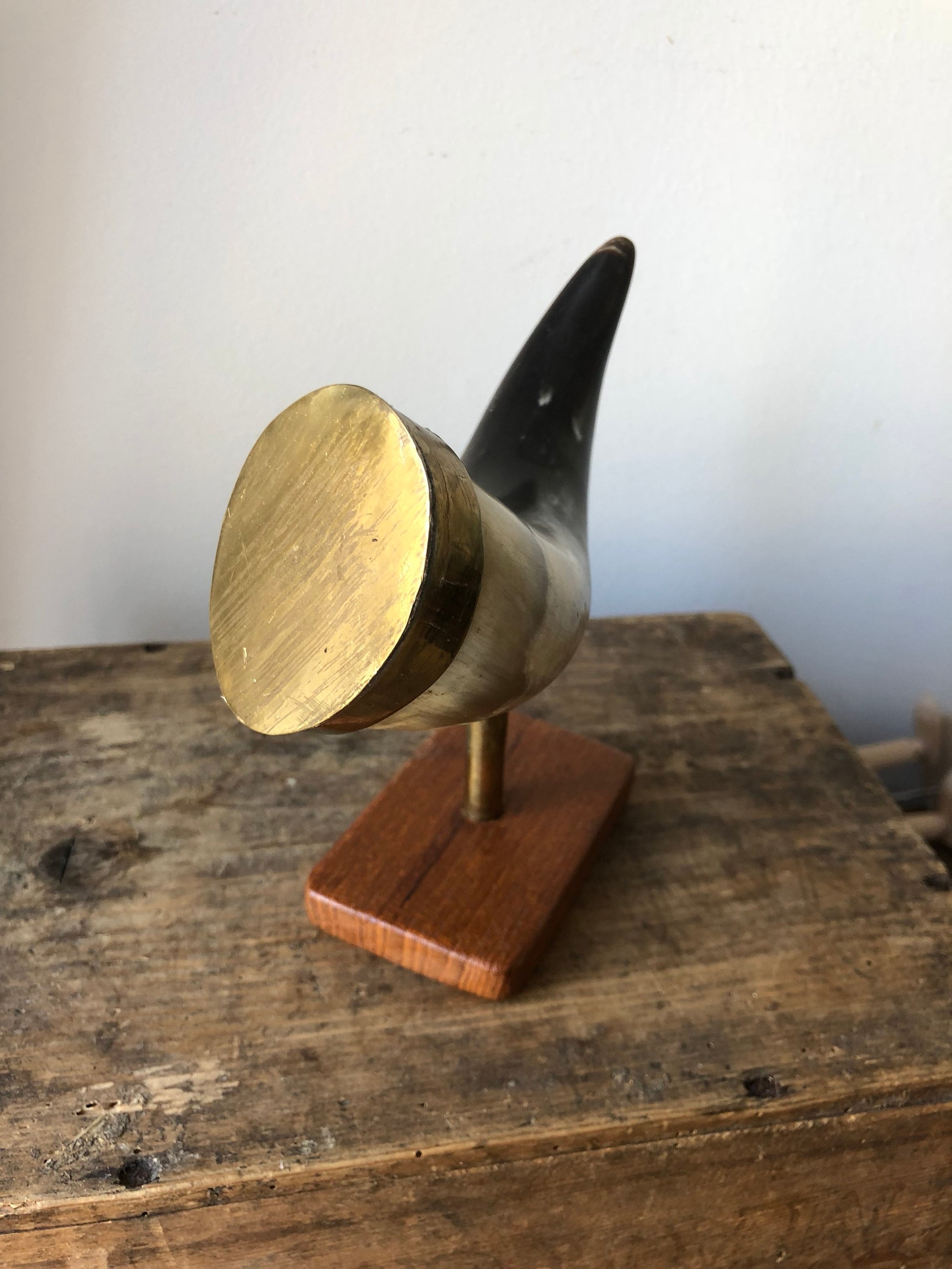 Scandinavian Powder horn with brass mount on teak base / nordic ...