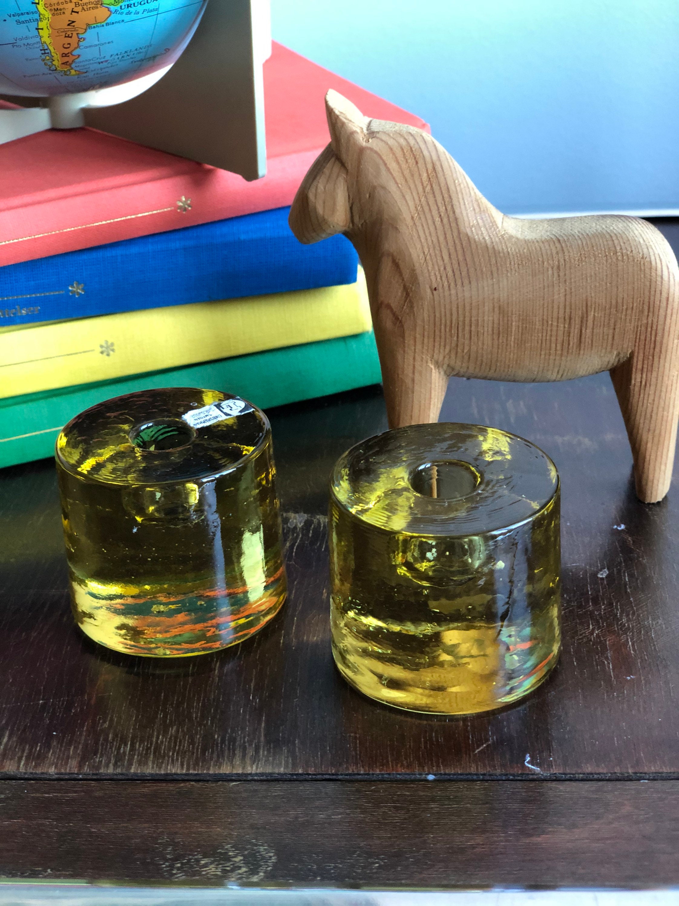 Pair of 2 Lindshammar yellow glass small candlestick holders round ...