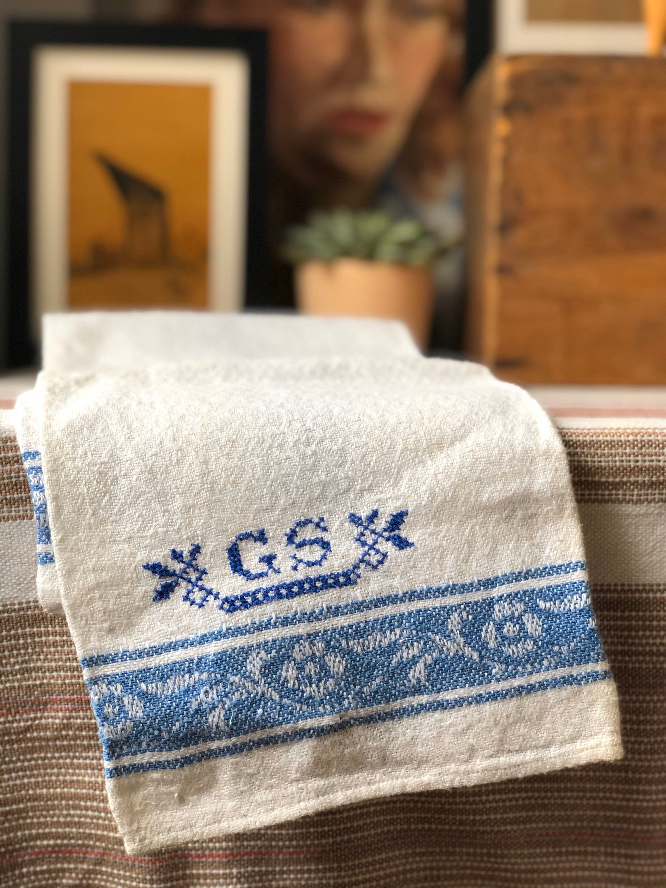 Vintage woven Scandinavian hand towel kitchen towel monogramed GS blue ...