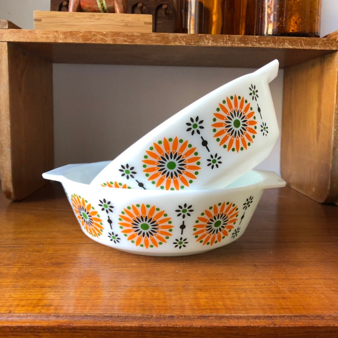 pyrex JAJ serving bowl orange iris retro jaj tablescape made in England ...