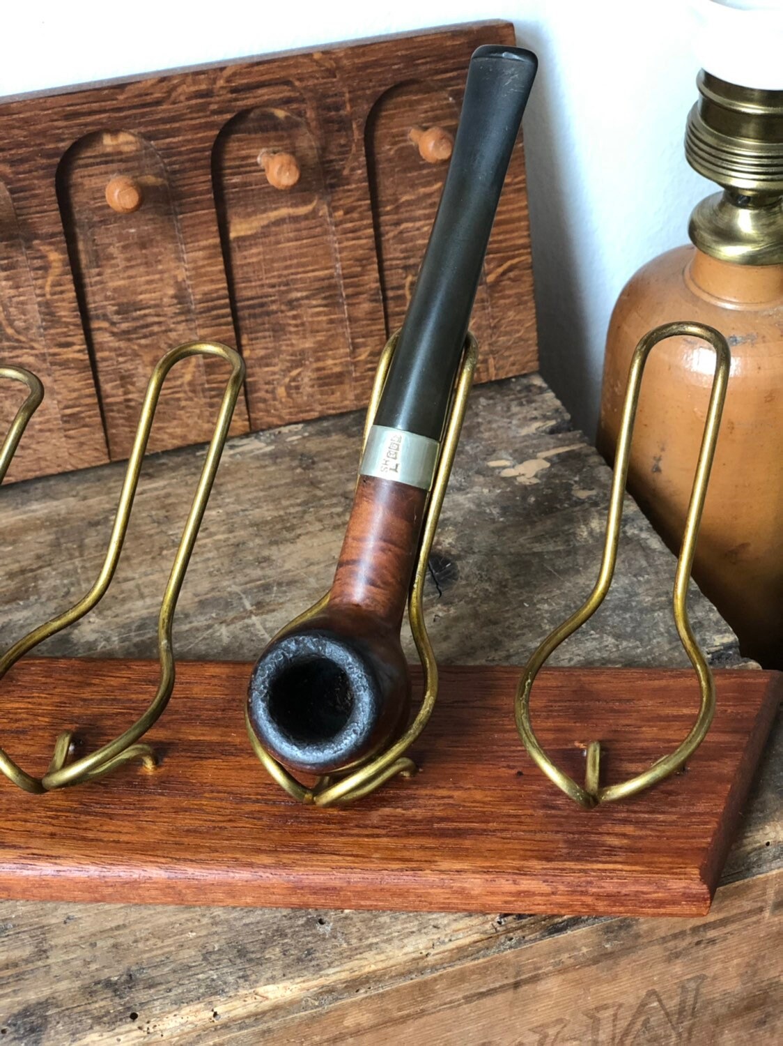 Scandinavian teak and bronze pipe holder mid century modern 1960s