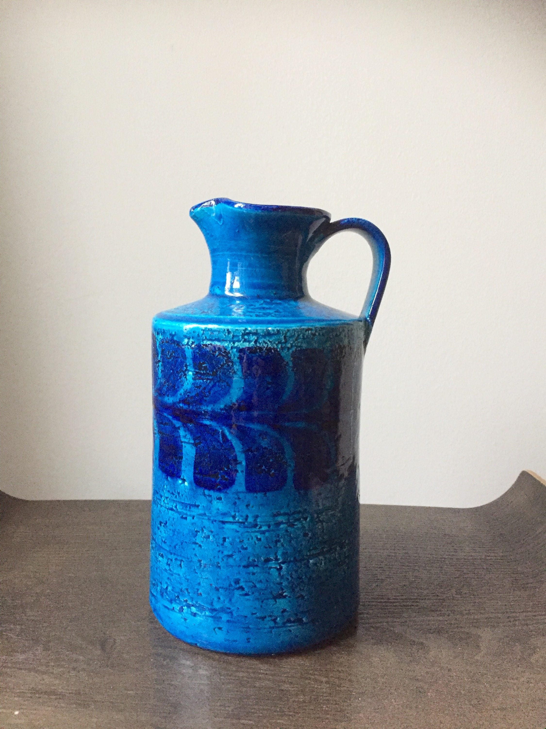 Bitossi large modernist jug vase fat lava/Italy/stunning blue glaze ...