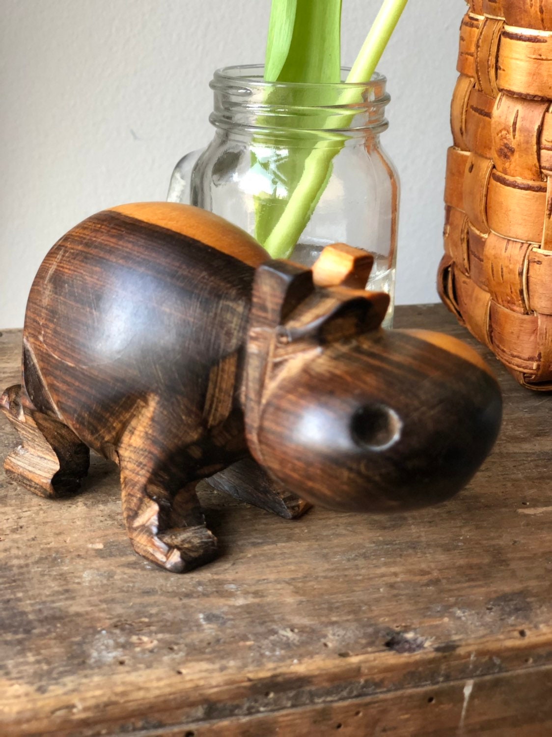 Midcentury modern hand carved wooden hippo hippopotamus