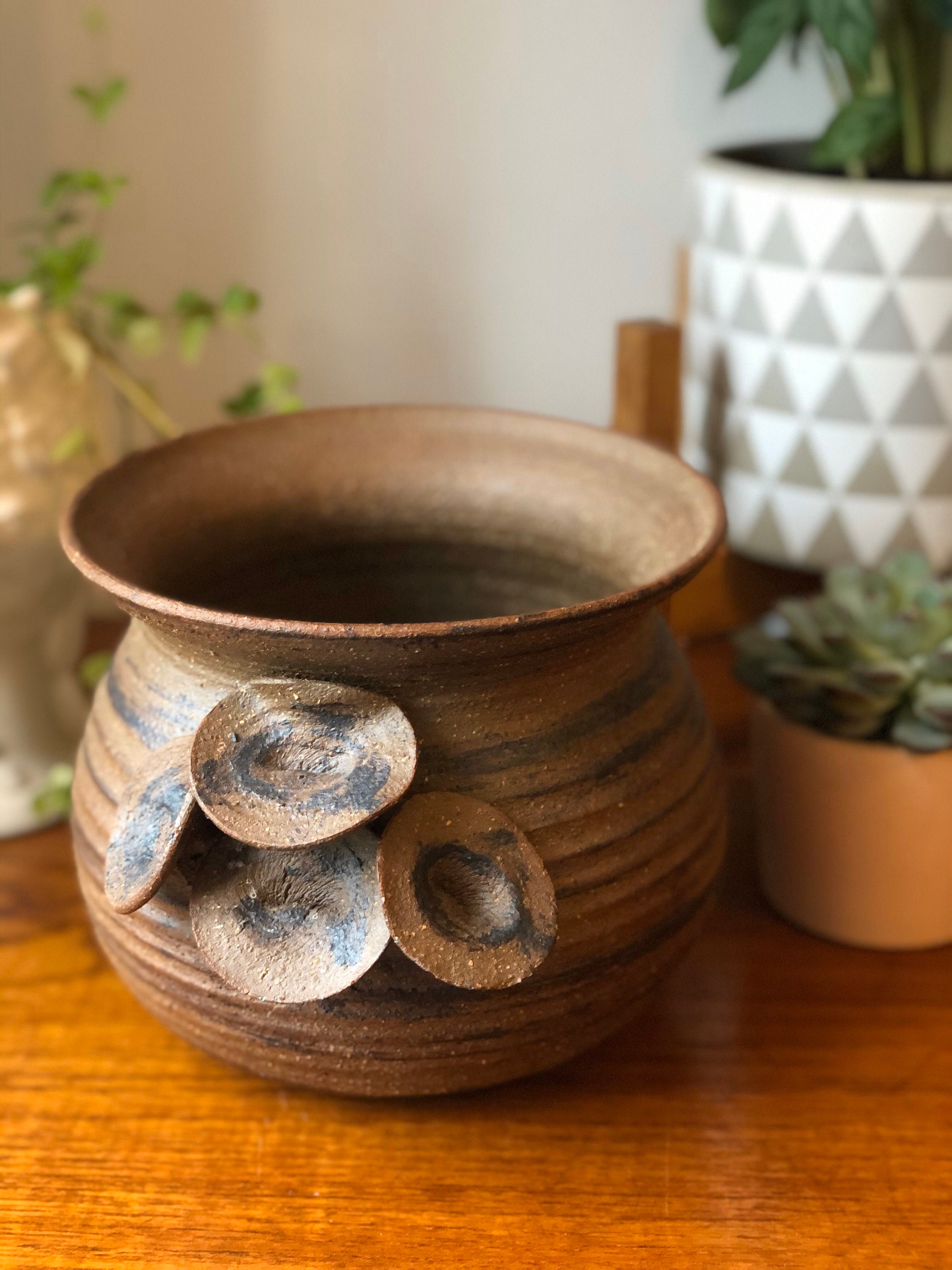 Scandinavian studio pottery planter boho flower pot signed mushroom detail