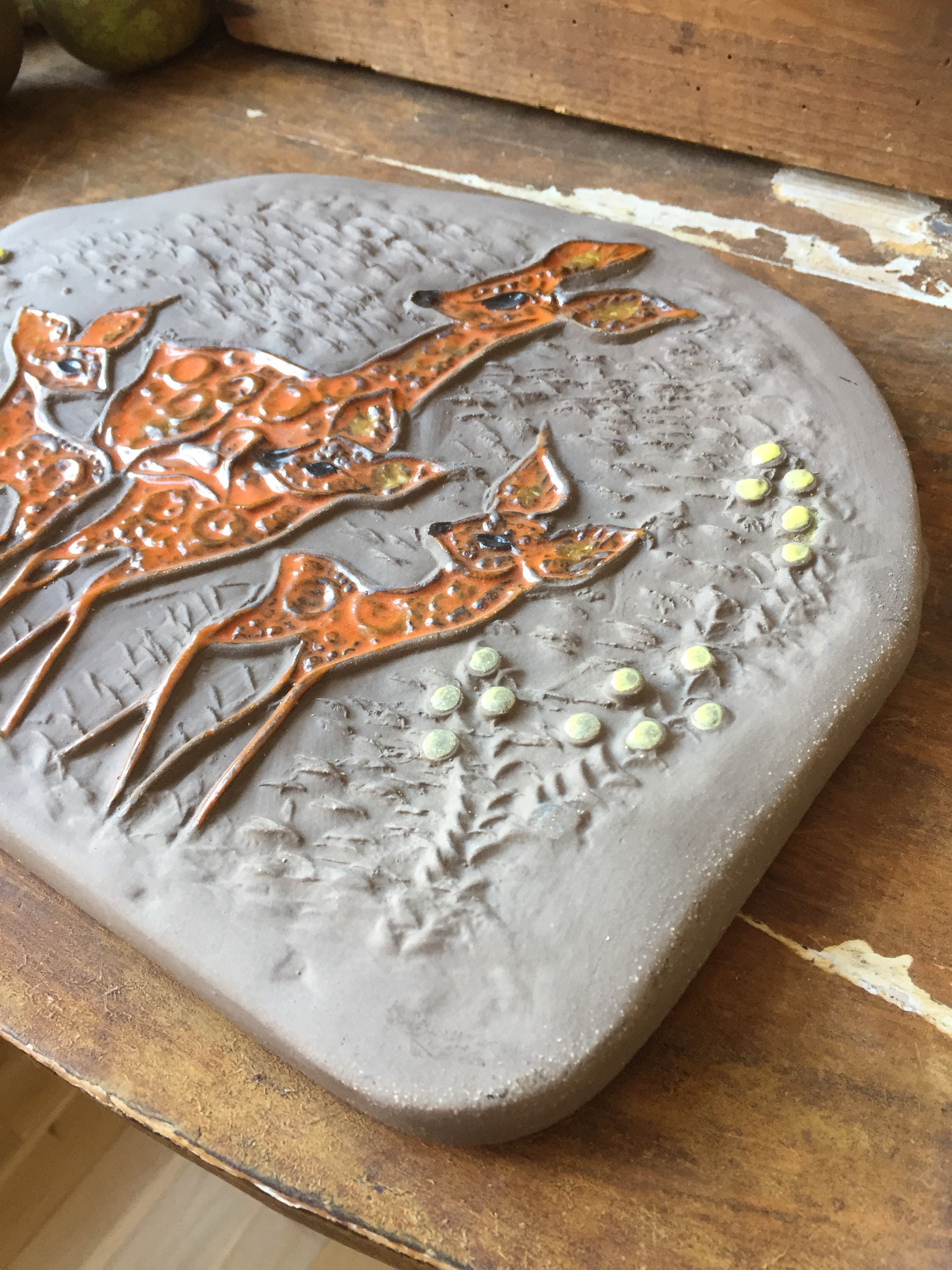 Swedish/ceramic wall tile/plaque/Ester Wallin/Upsala Ekeby/Deer family ...