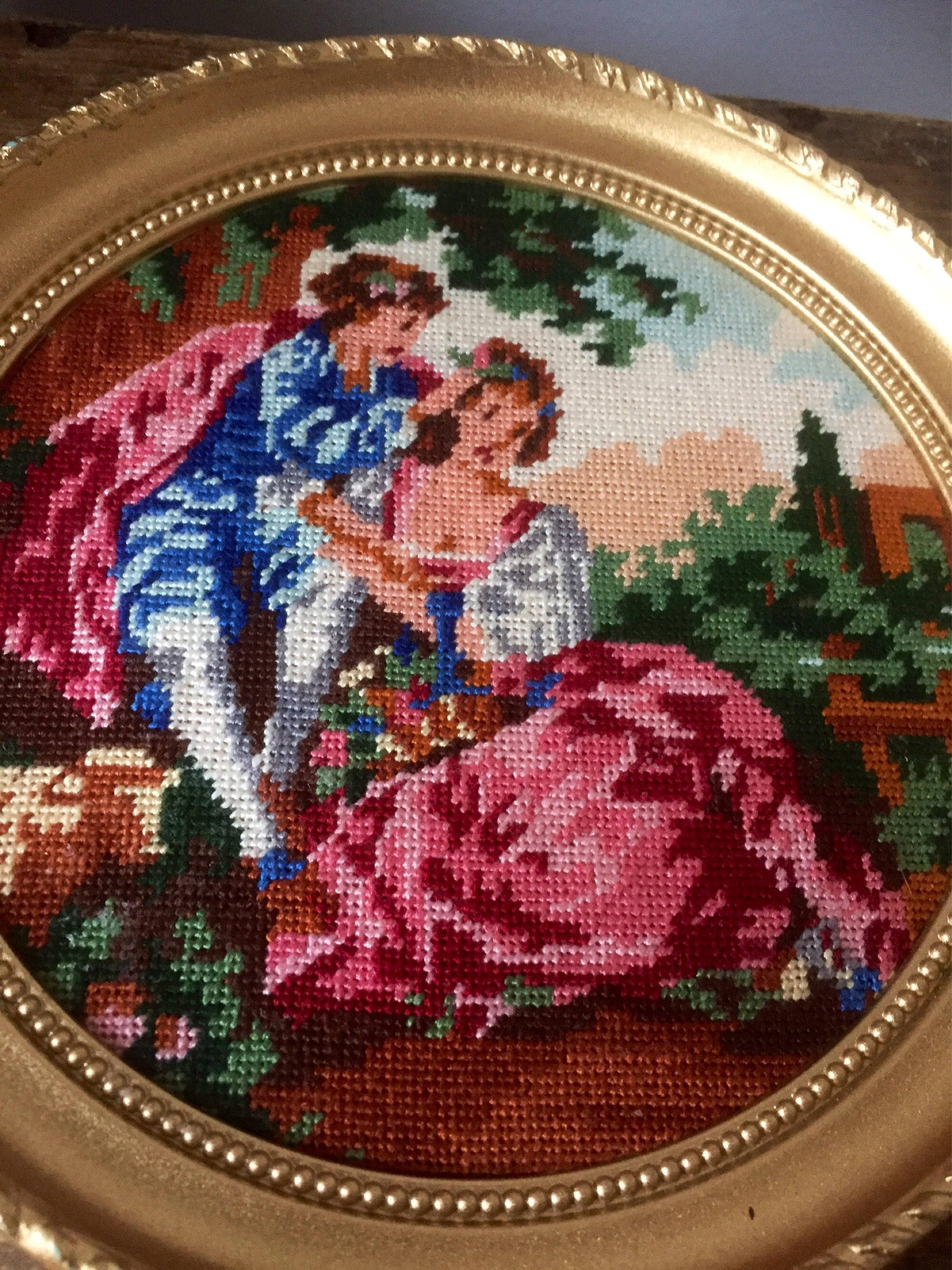 Victorian/needlepoint/vibrant colors/in gold frame/handmade/excellent ...