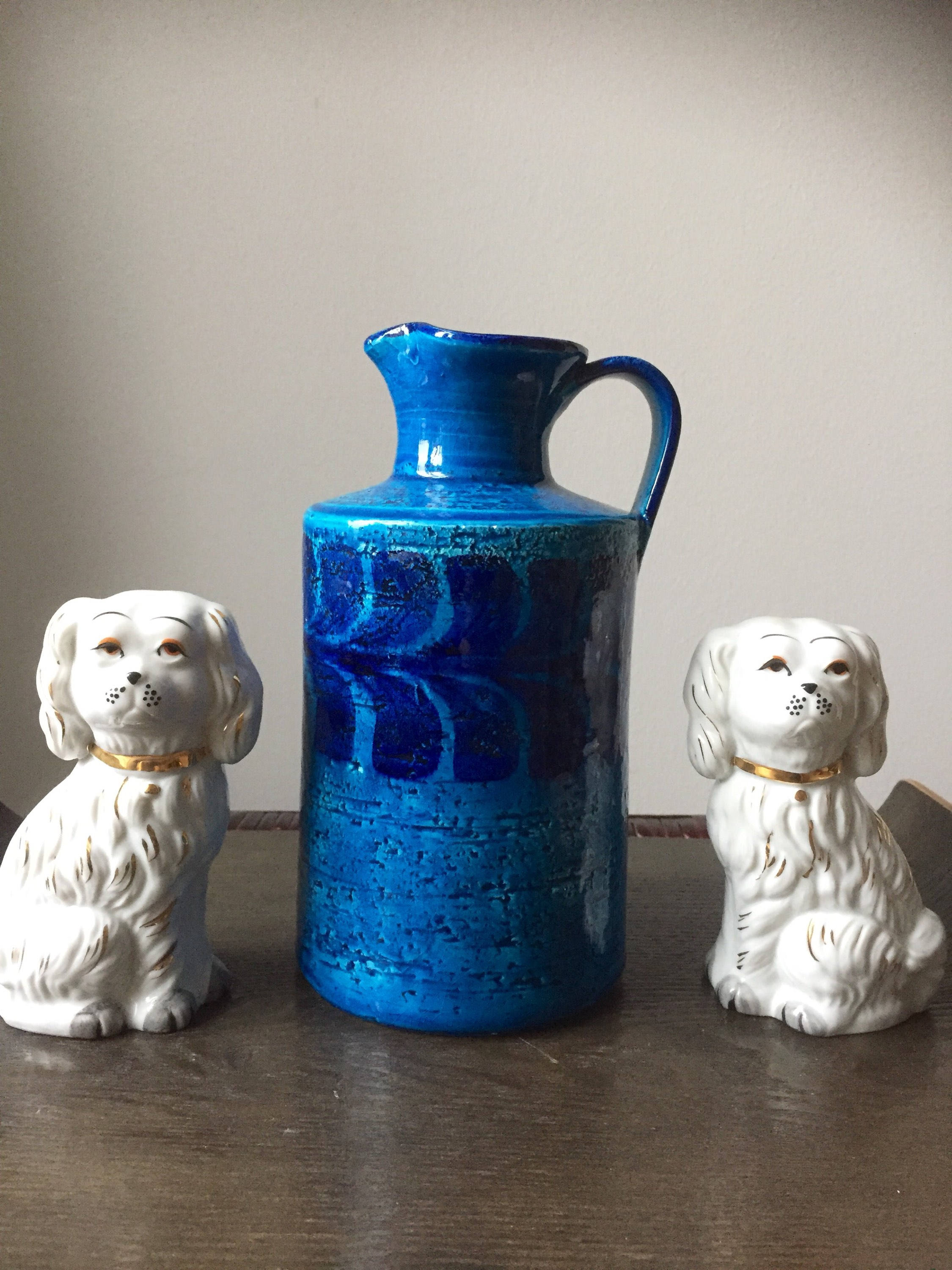 Bitossi large modernist jug vase fat lava/Italy/stunning blue glaze ...