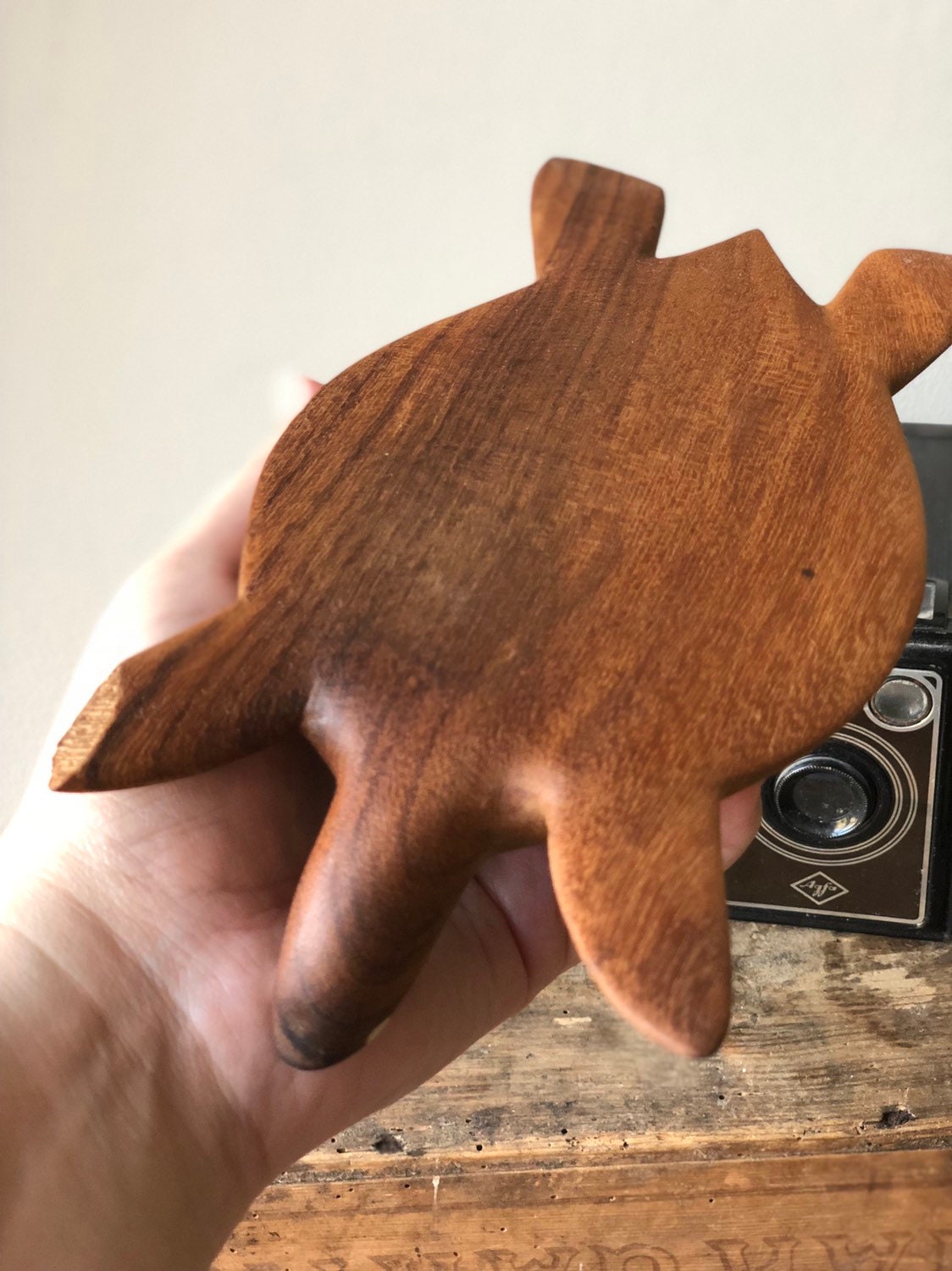 Scandinavian teak turtle with mother of pearl eyes wooden carving mid ...