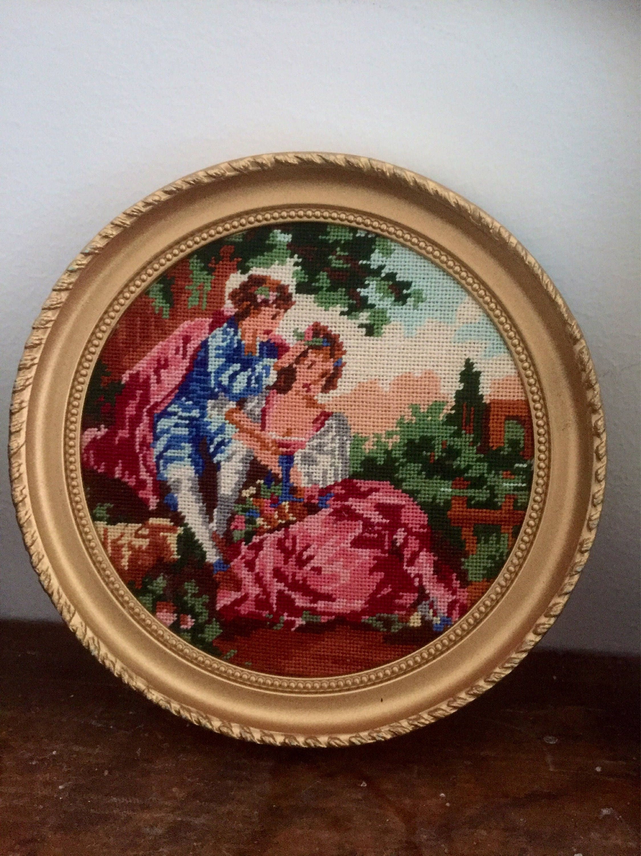 Victorian/needlepoint/vibrant colors/in gold frame/handmade/excellent ...