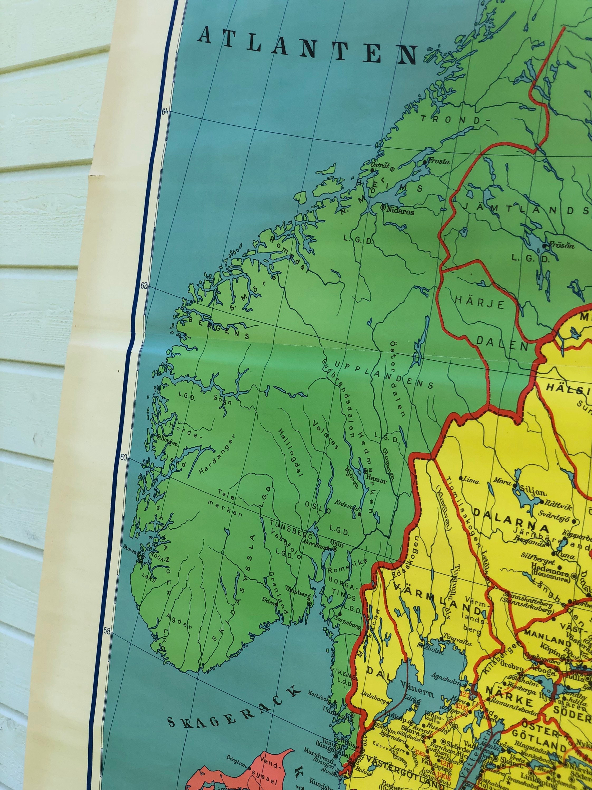 Large Vintage Swedish classroom Map of Scandinavian/ Norden Middle Ages ...