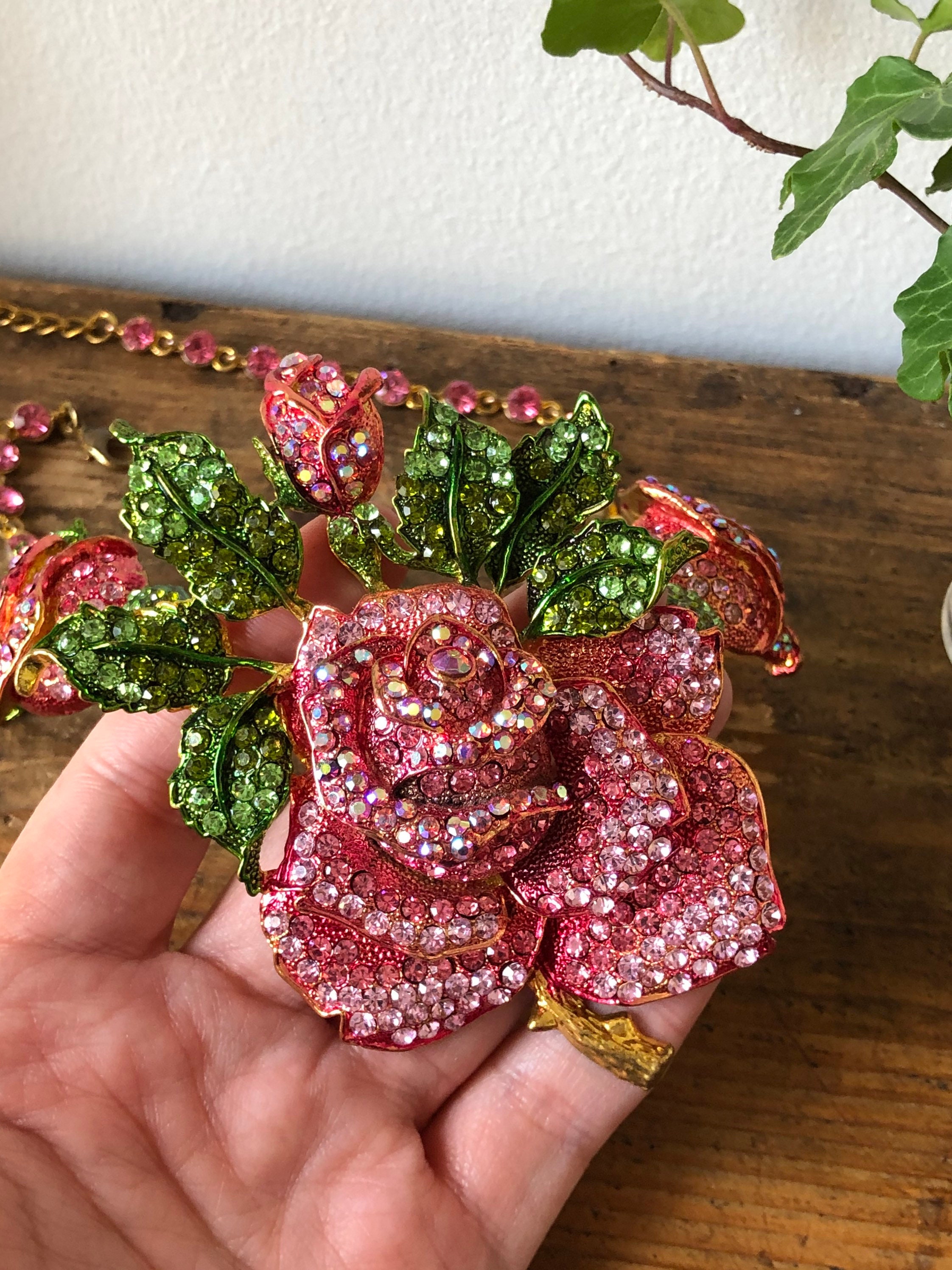 Vintage rhinestone floral rose necklace earring set with lots of bling ...