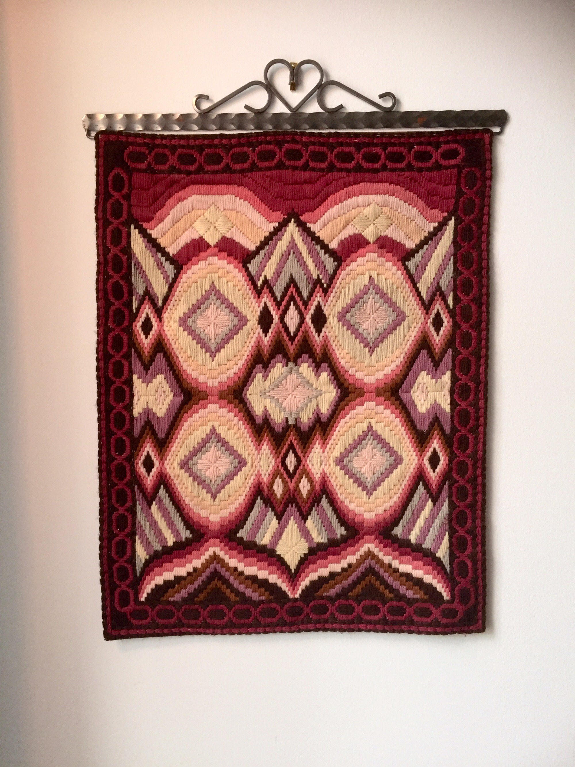 Whimsical long stitch embroidered Swedish abstract violet wall hanging ...