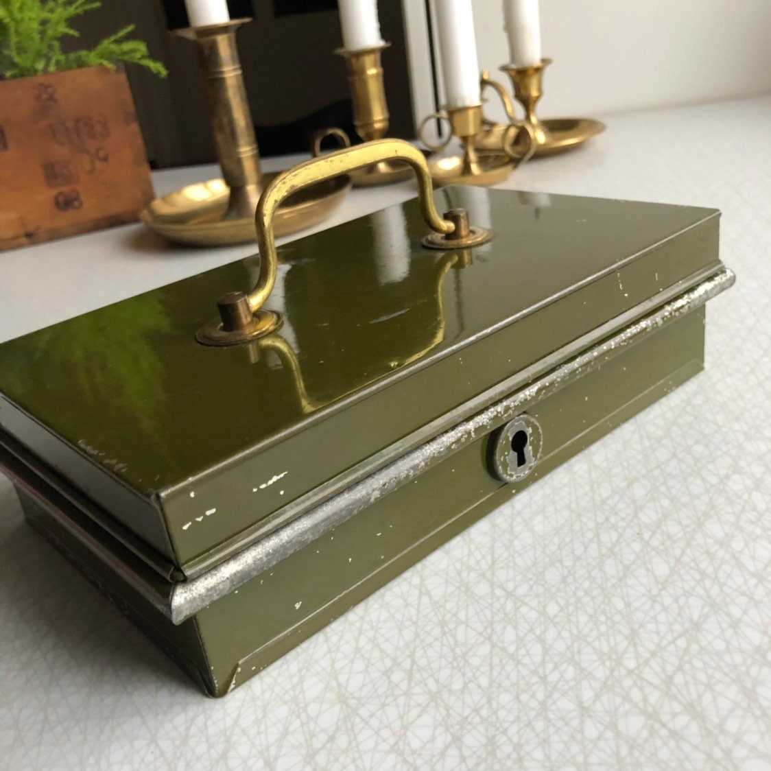Vintage green metal and brass lock box / bank / safety box 1940s ...