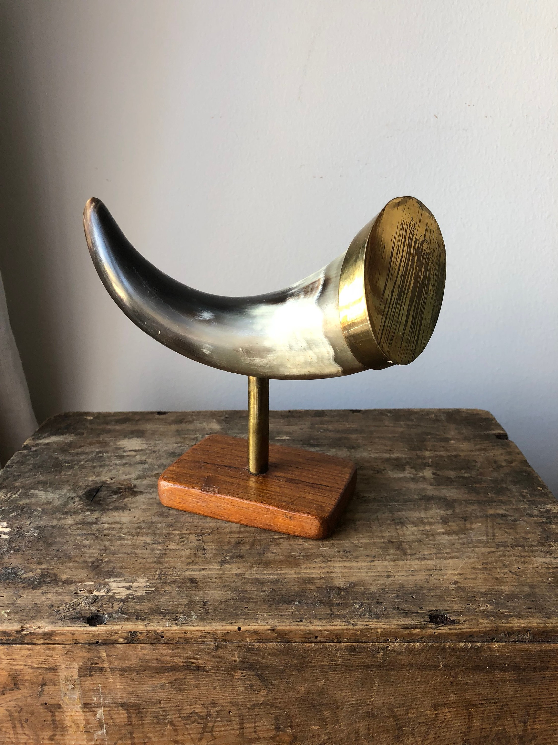 Scandinavian Powder horn with brass mount on teak base / nordic ...