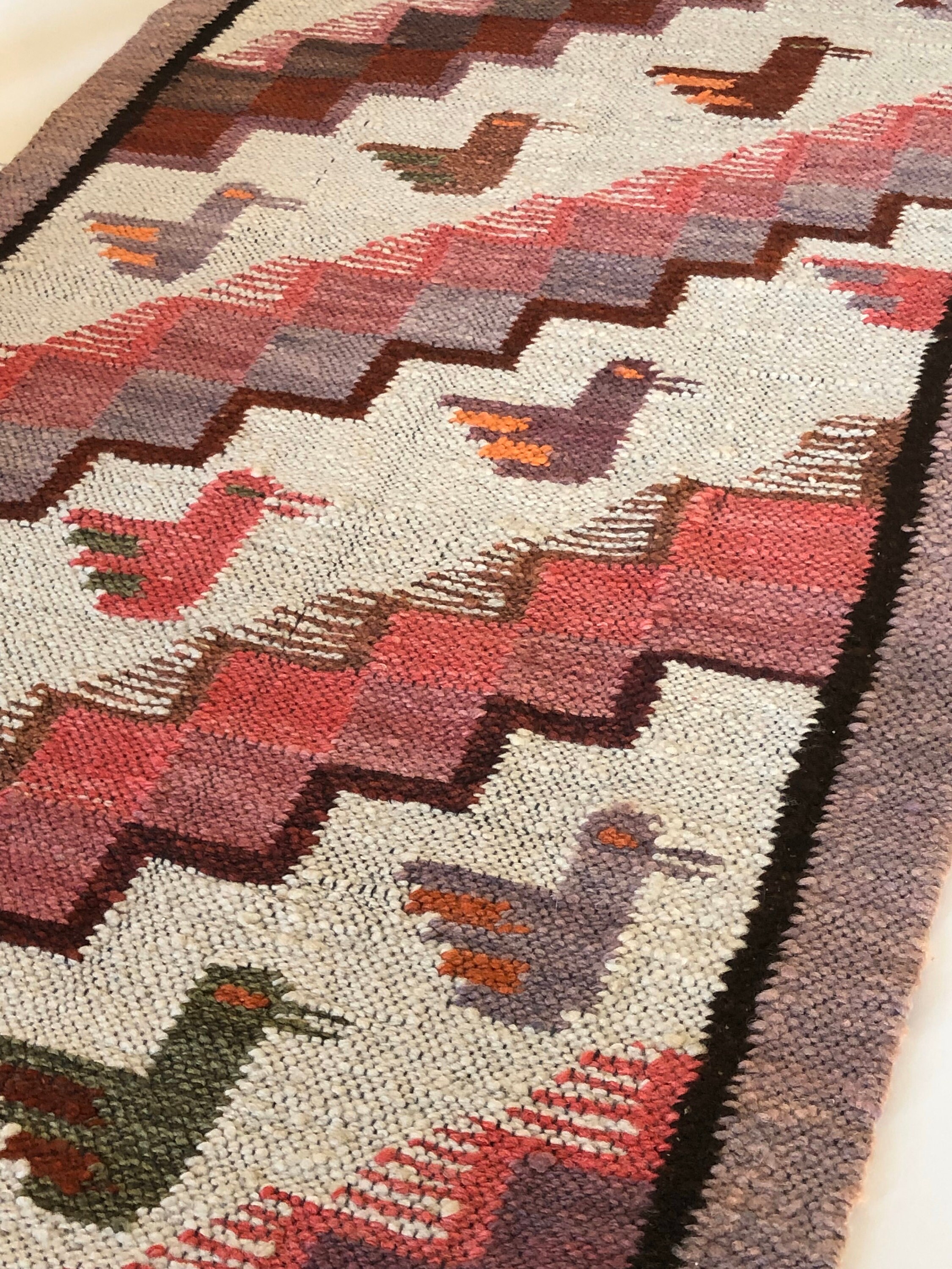 Swedish wall hanging Wool blend rug woven birds loomed weaving Scandinavian