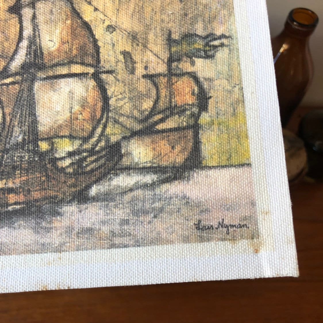 Vintage textile Linen print Swedish Vasa tall ship by Lars Nyman 1971