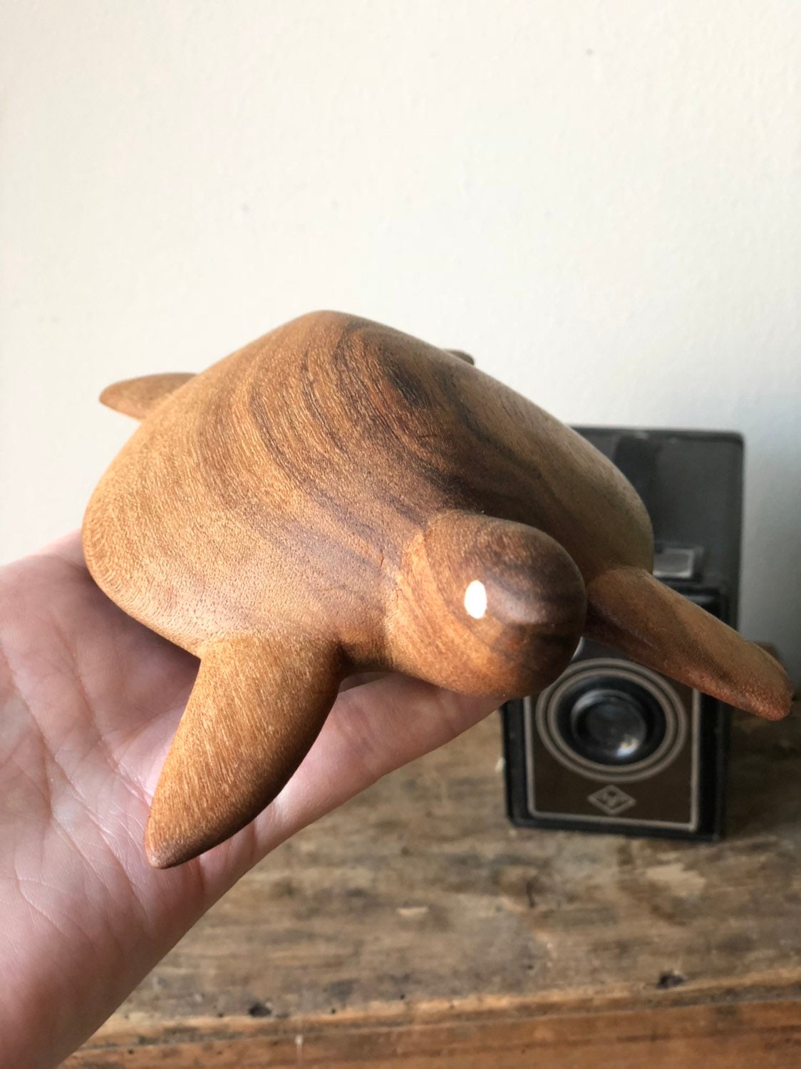 Scandinavian teak turtle with mother of pearl eyes wooden carving mid ...