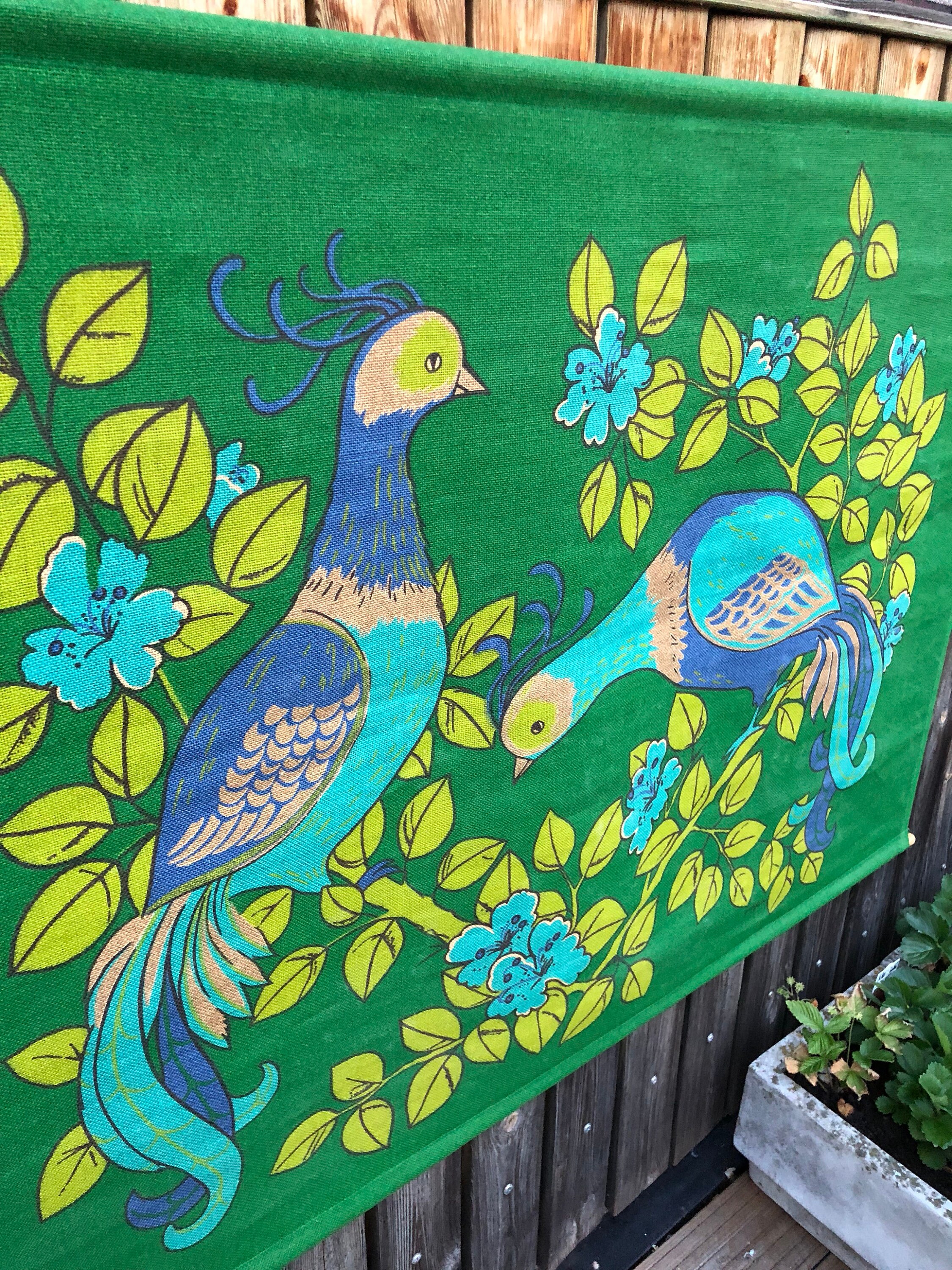 Scandinavian linen wall hanging tapestry nordic design birds hand printed