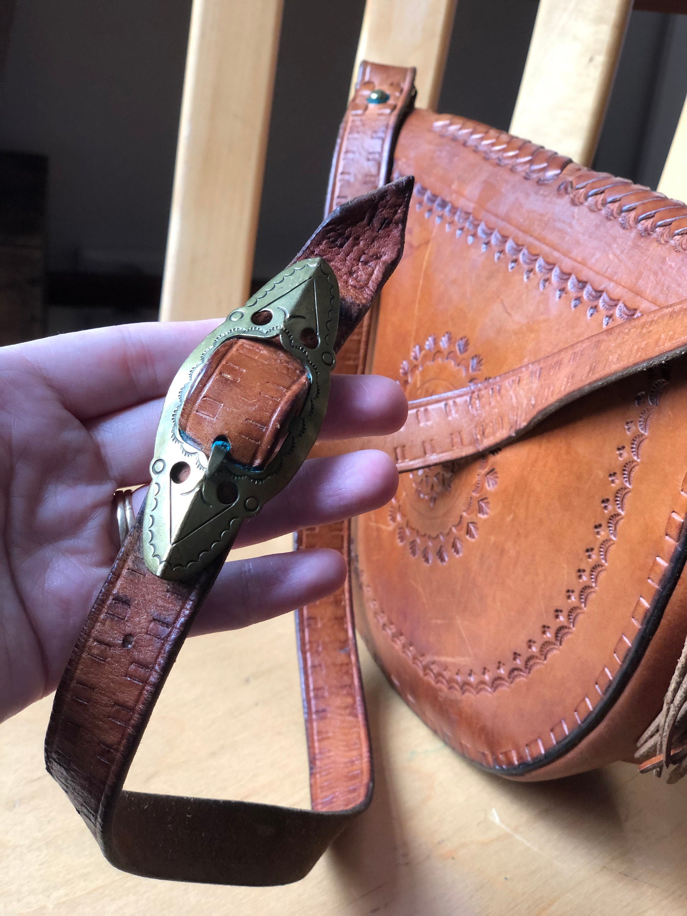 Boho Tooled leather satchel purse 1970s made in Poland adjustable strap ...