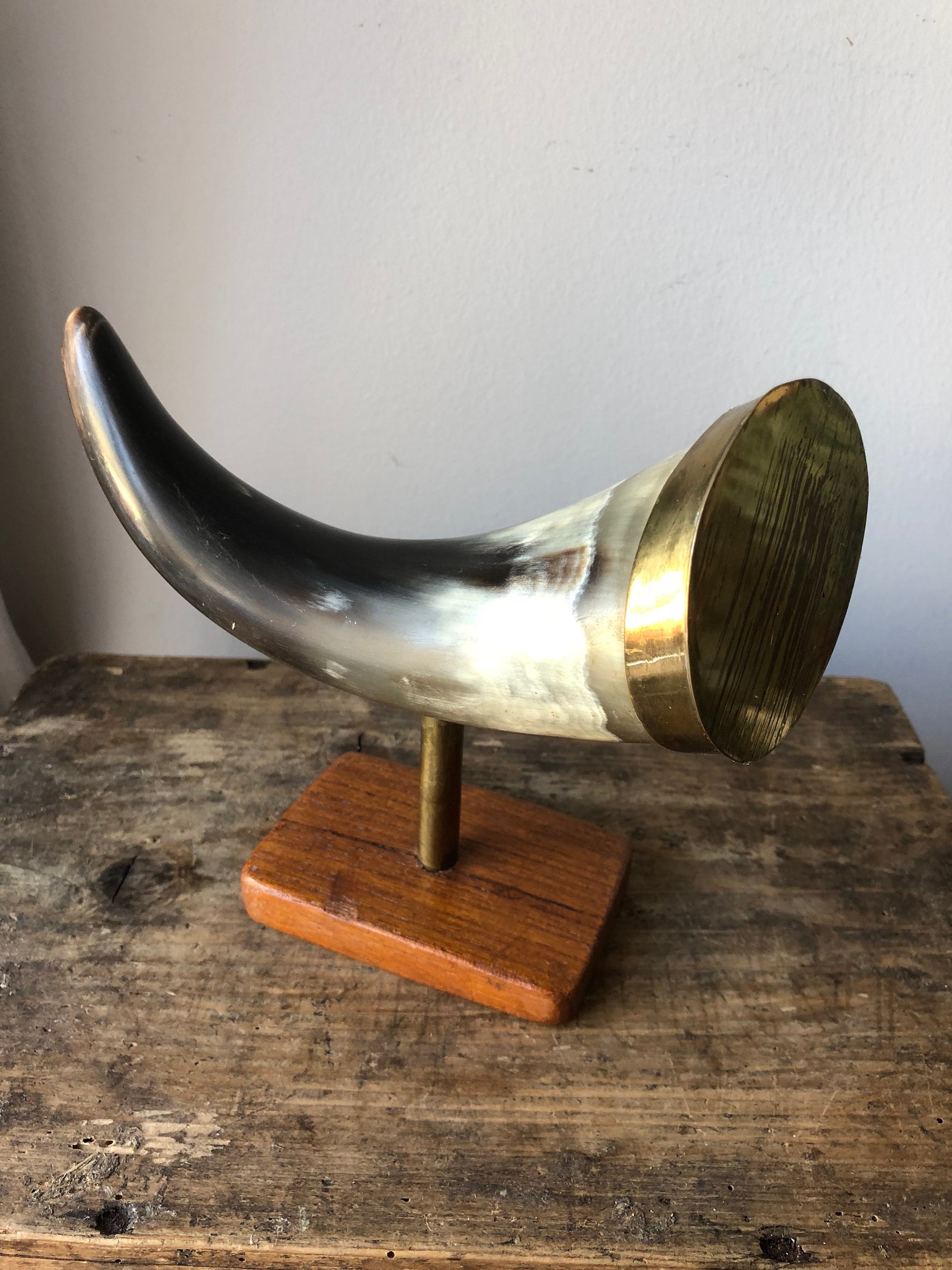 Scandinavian Powder horn with brass mount on teak base / nordic ...