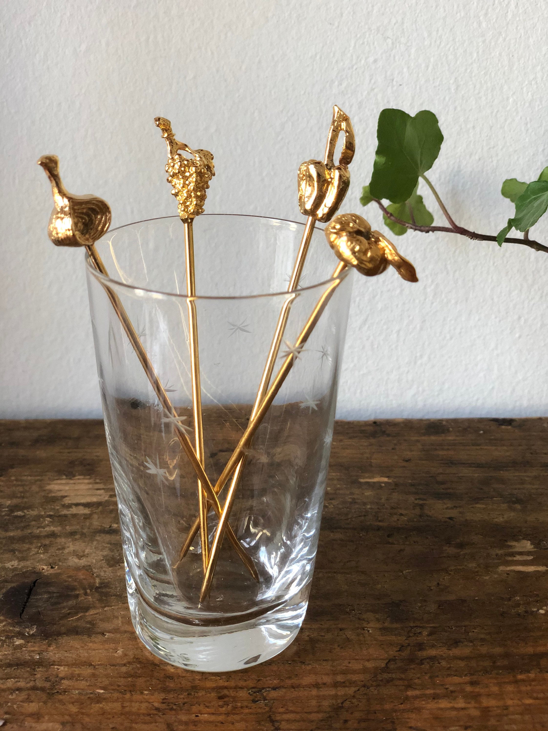 Vintage gold plated drink pin set with cocktail garnish motif Bar cart ...