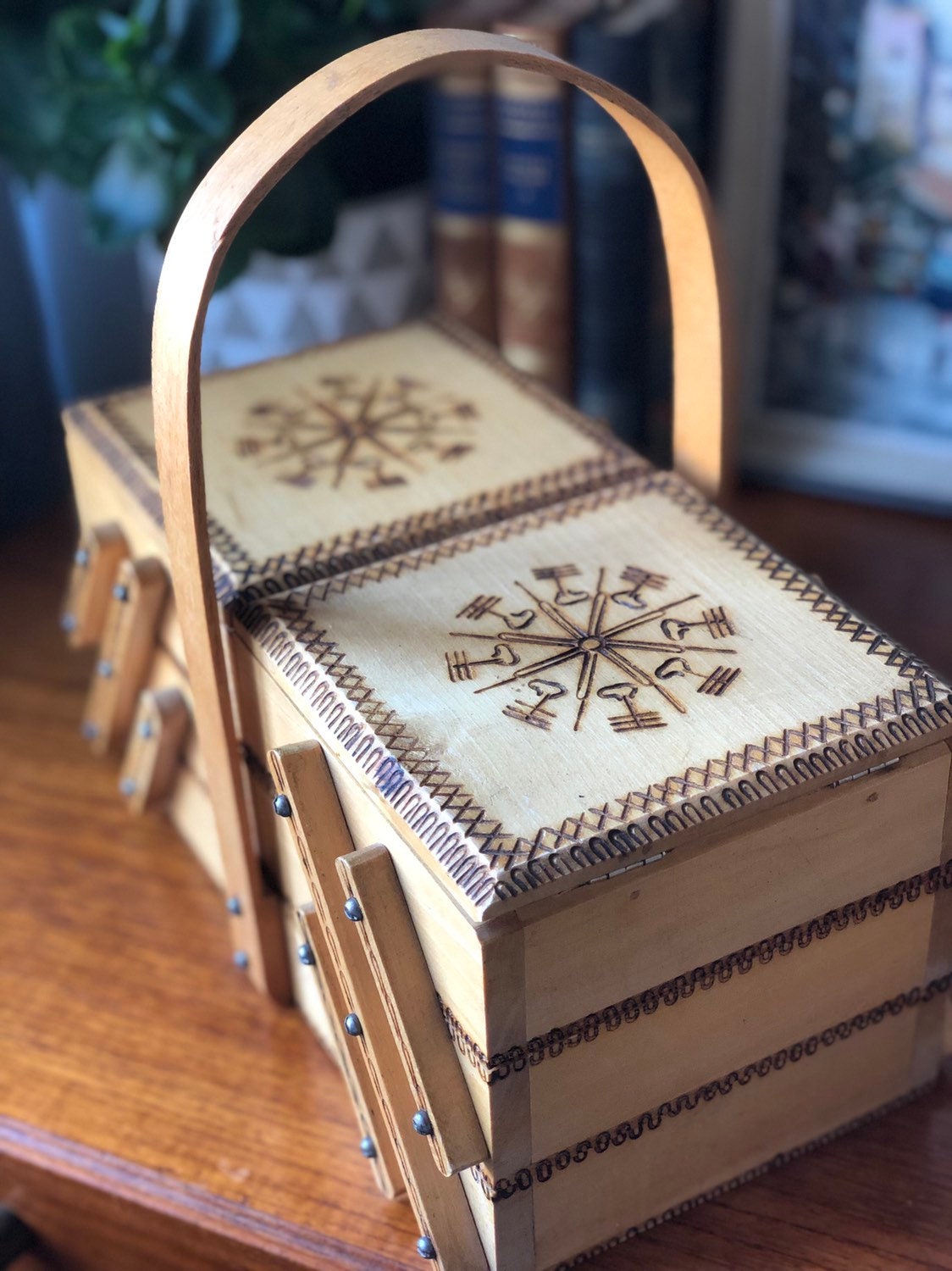 Vintage wooden handmade Polish accordion sewing box / storage box ...