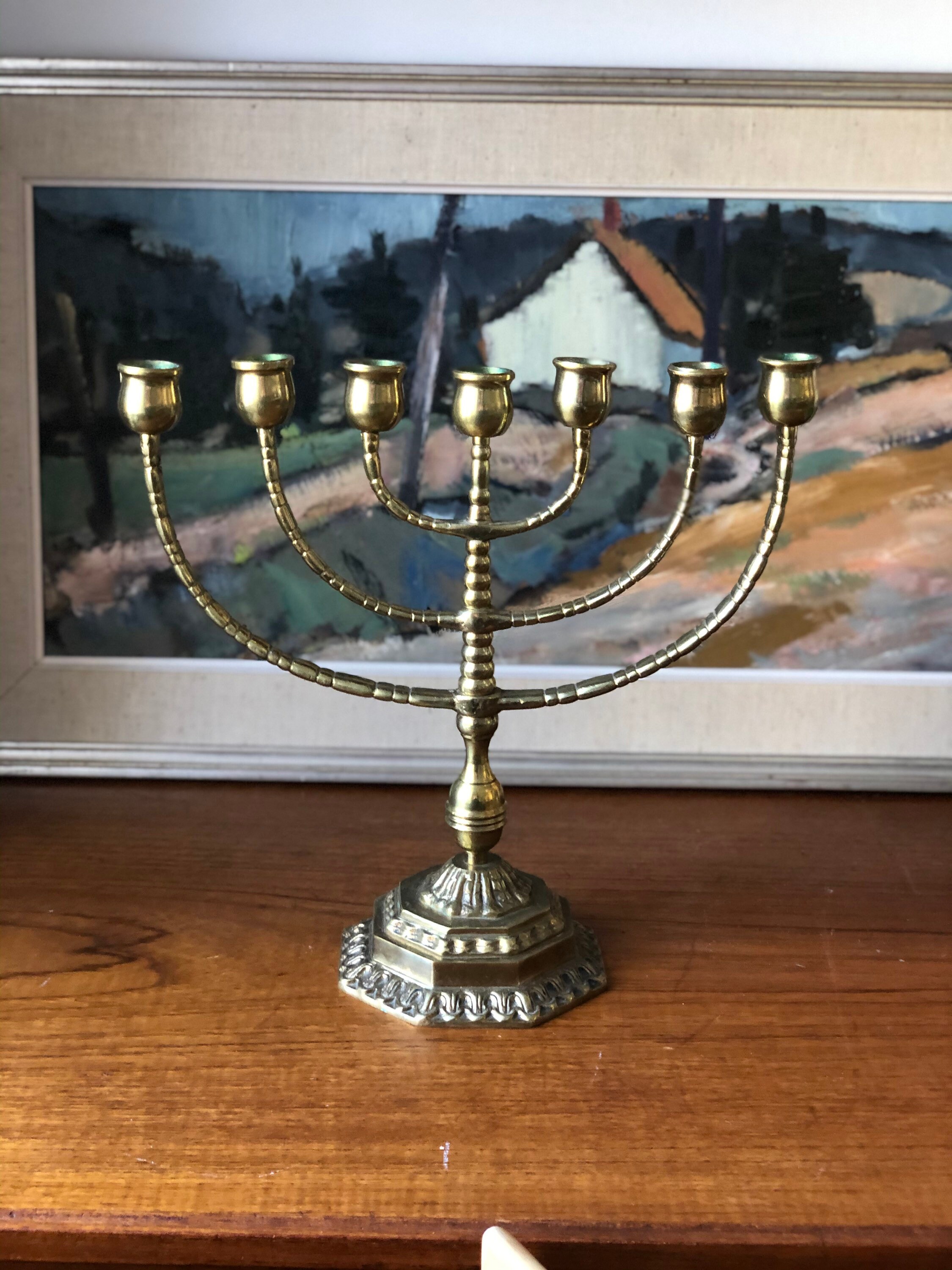Heavy bronze menorah vintage pedestal stunning 7 arm bronze malm