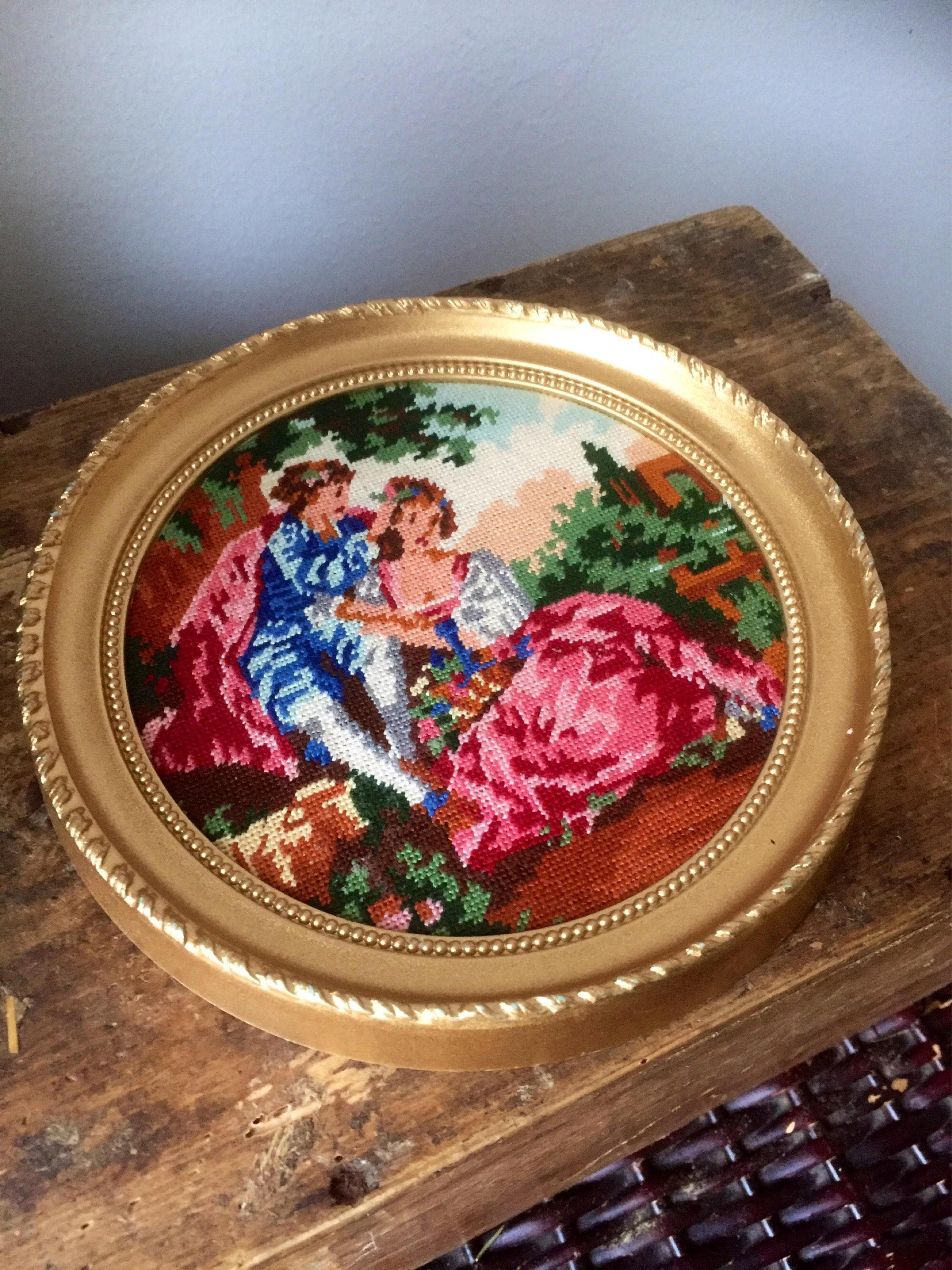 Victorian/needlepoint/vibrant colors/in gold frame/handmade/excellent ...