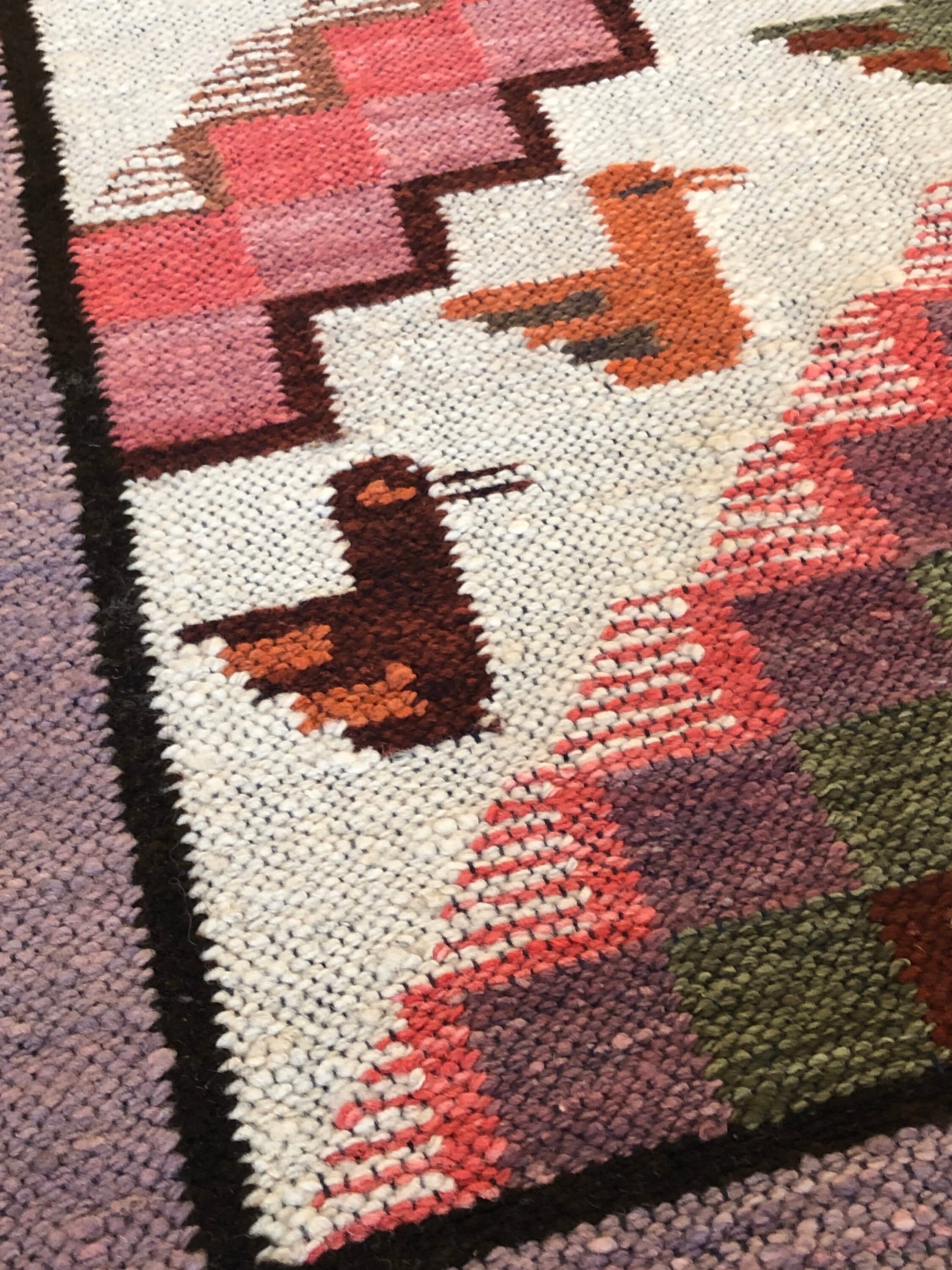 Swedish wall hanging Wool blend rug woven birds loomed weaving Scandinavian