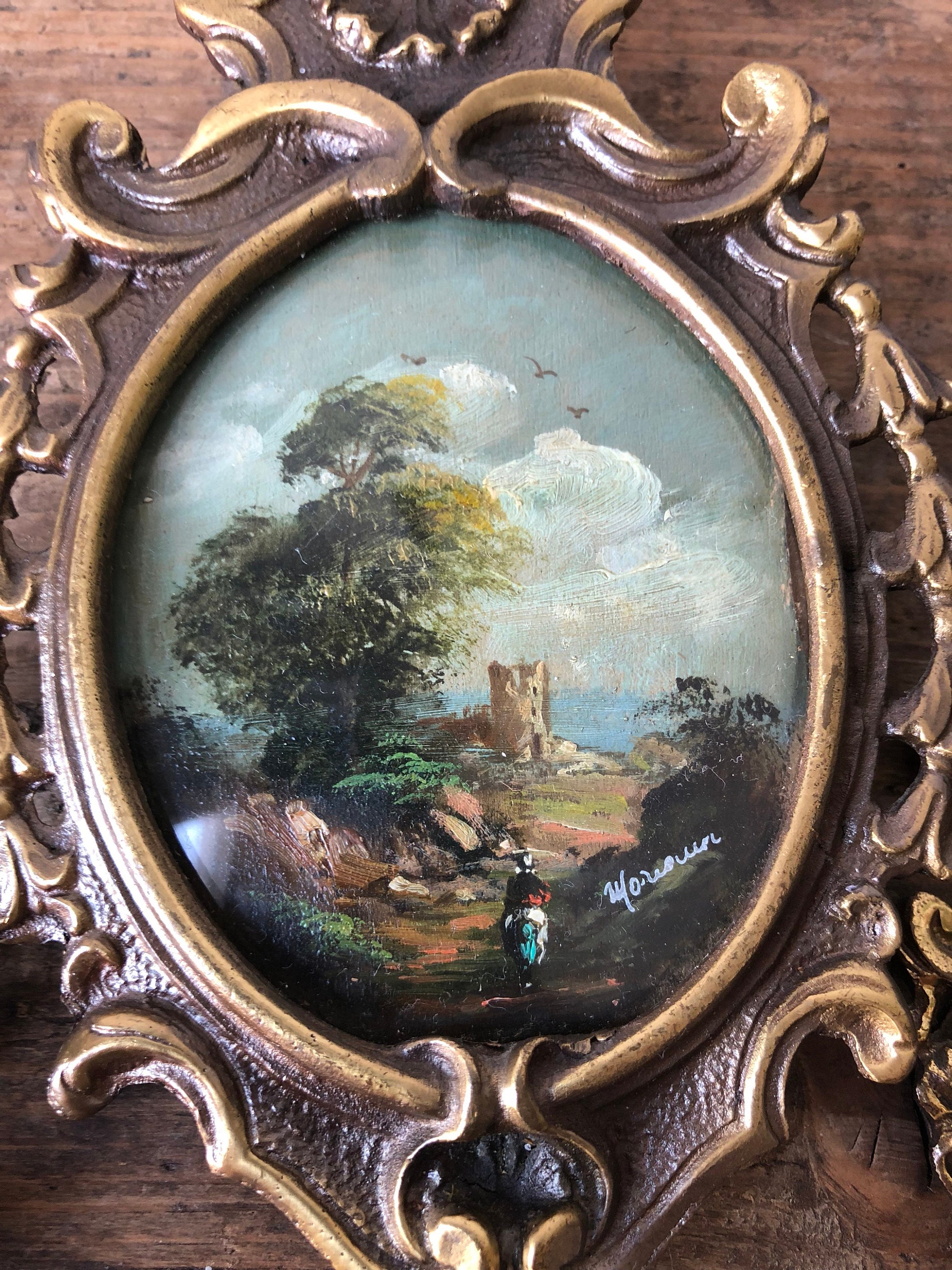 Miniature frames with hand painted original paintings / Bronze metal ...