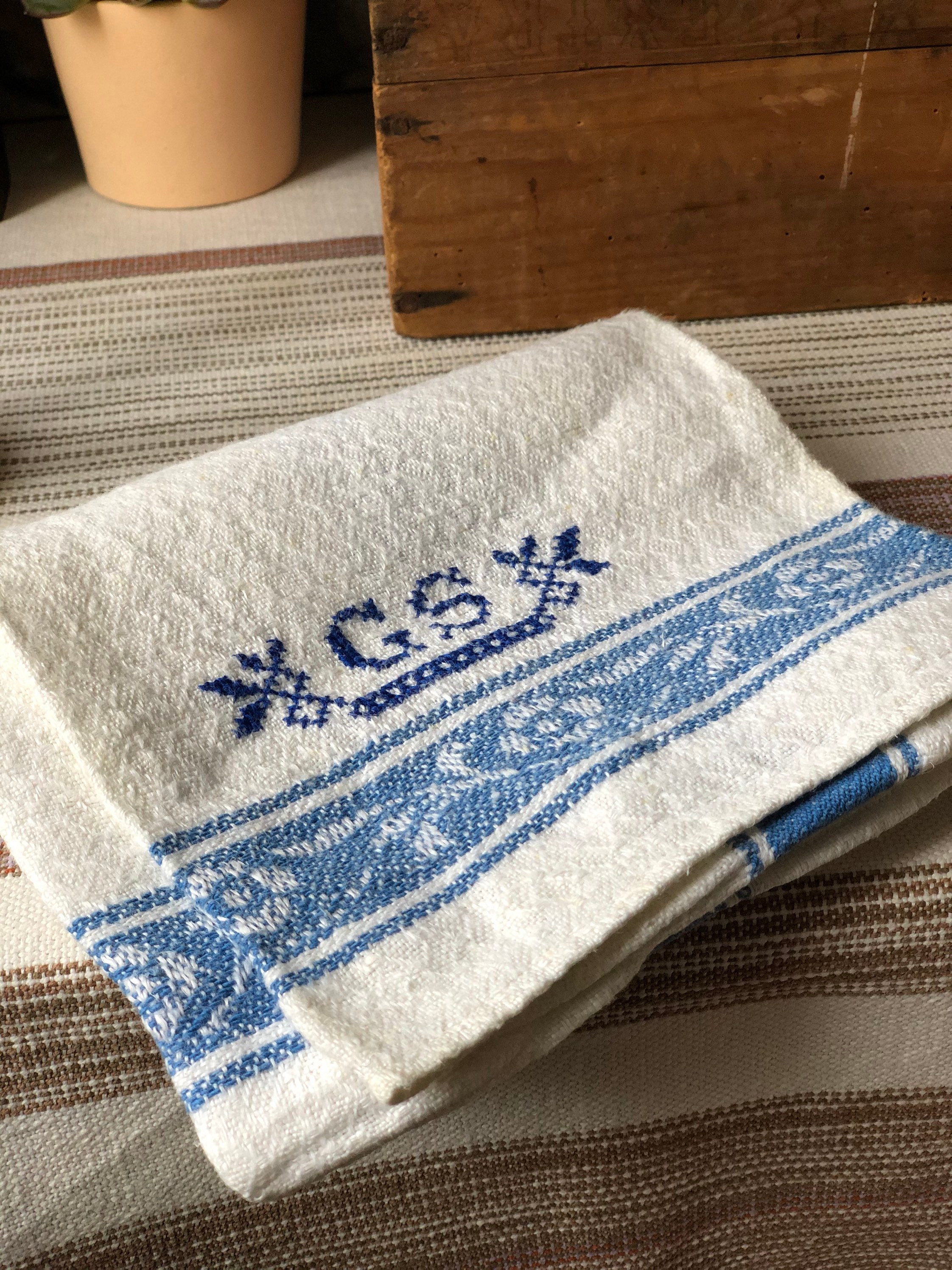 Vintage woven Scandinavian hand towel kitchen towel monogramed GS blue ...