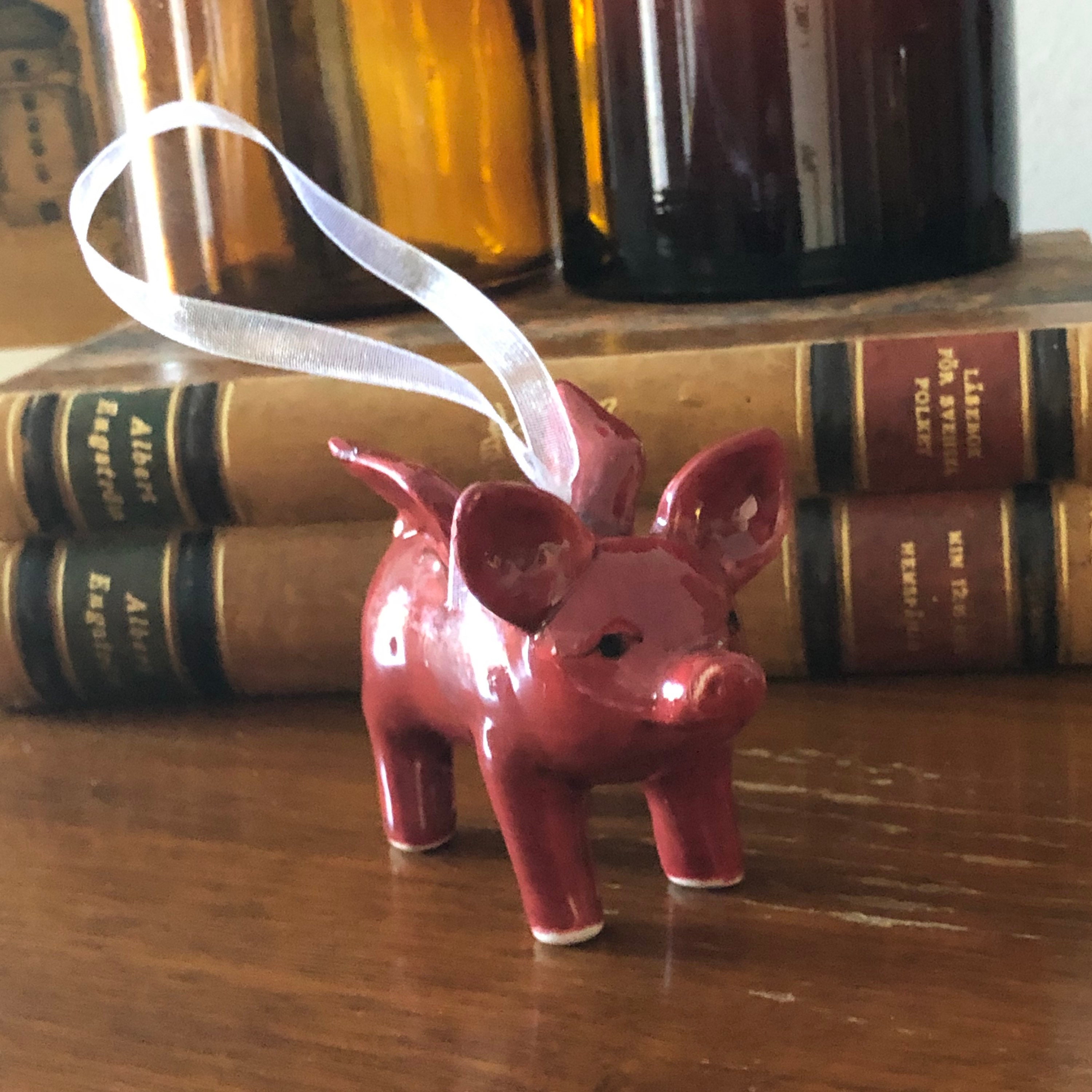 Ceramic flying pig Swedish Christmas tree ornament burgundy decor with ...
