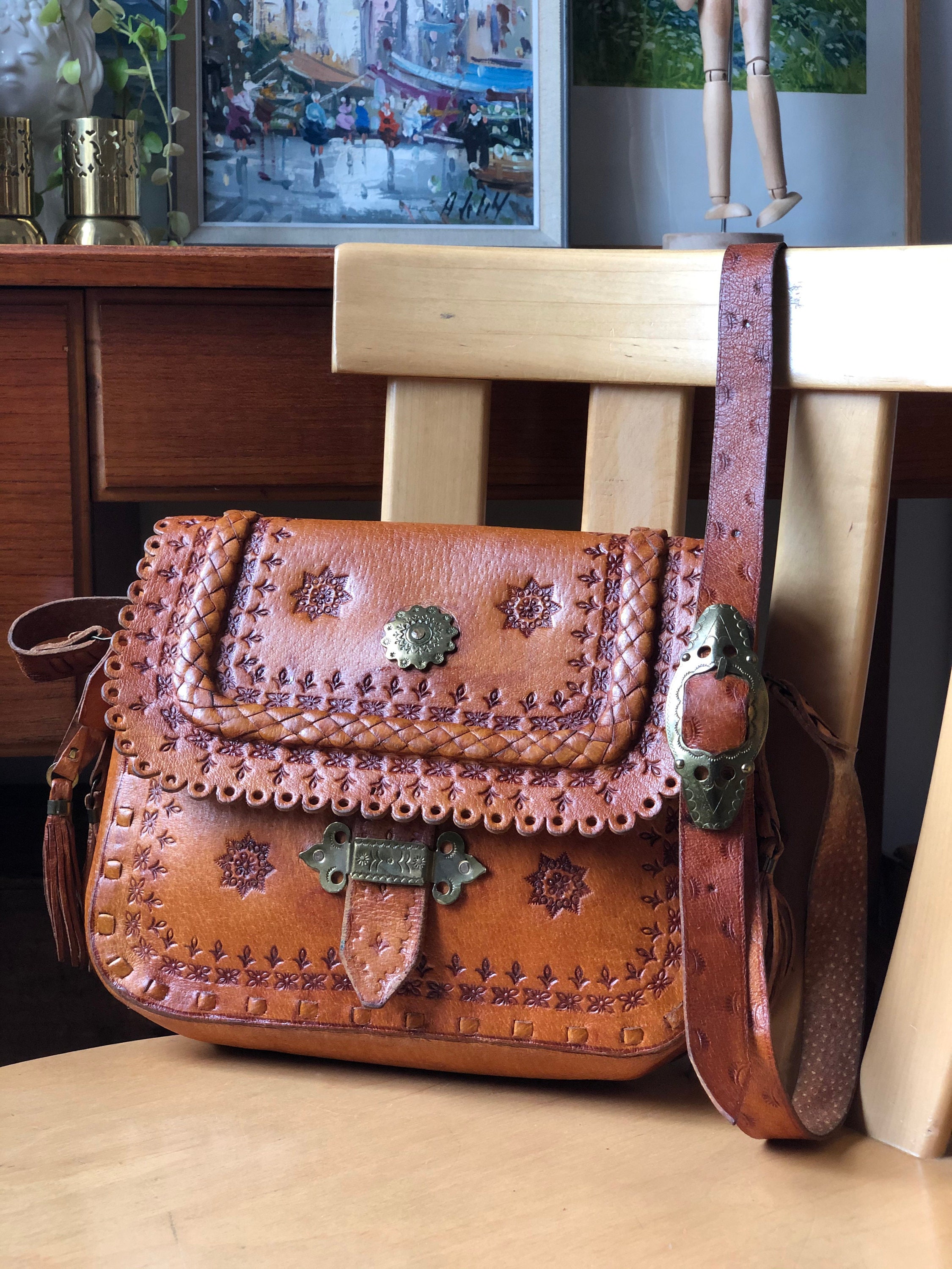 Boho Tooled leather satchel purse 1970s made in Poland adjustable strap ... Boho Tooled leather satchel purse 1970s made in Poland adjustable strap ...