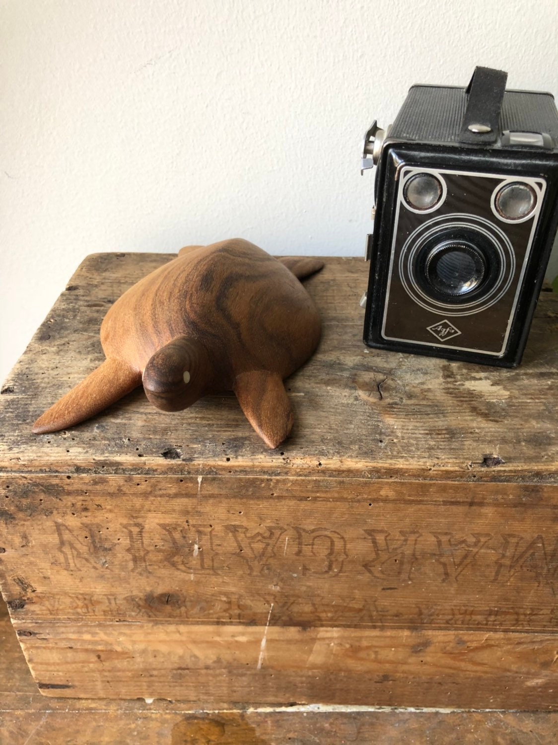 Scandinavian teak turtle with mother of pearl eyes wooden carving mid ...