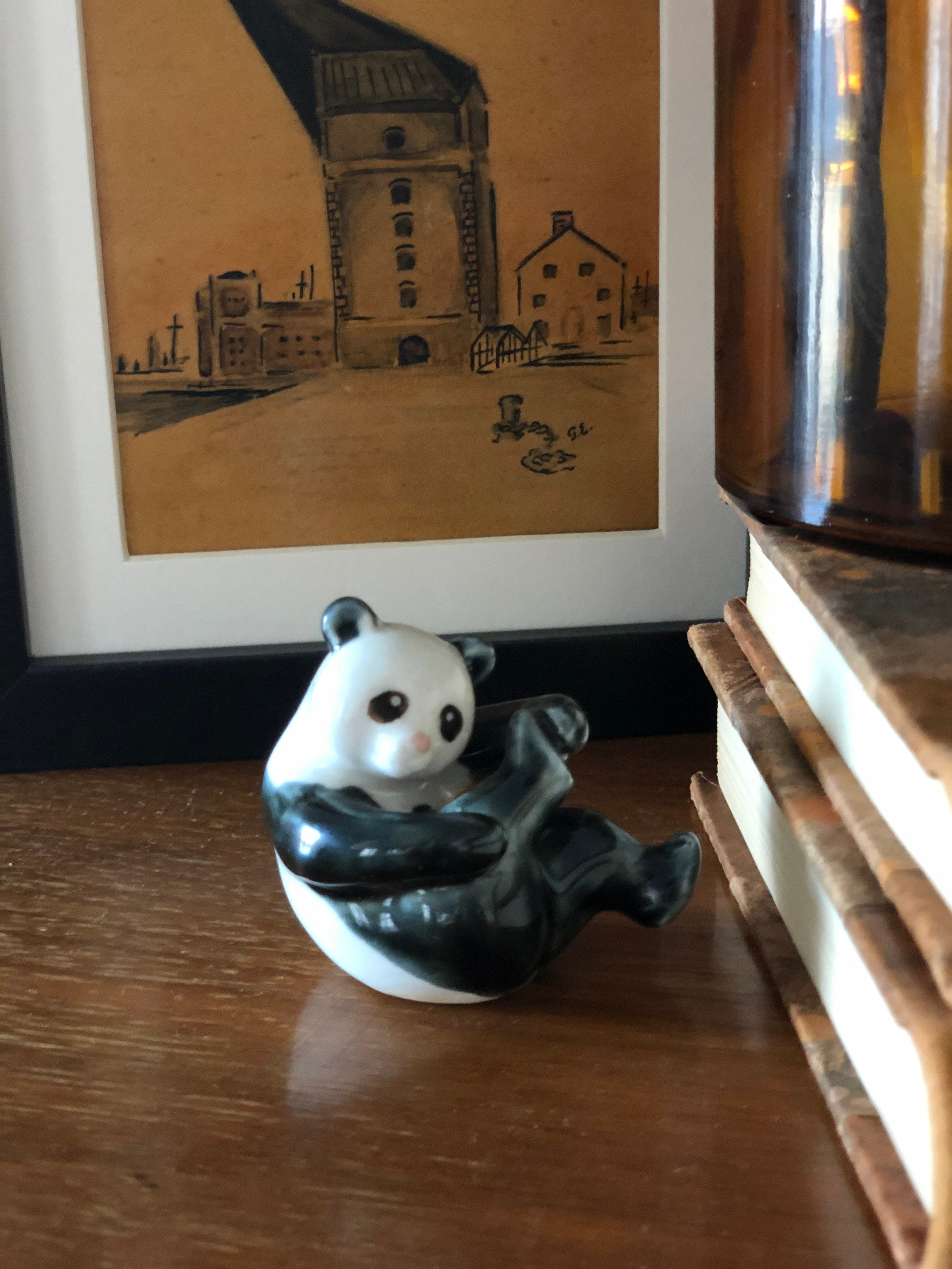 Adorable vintage pottery ceramic panda figure boho panda figurine