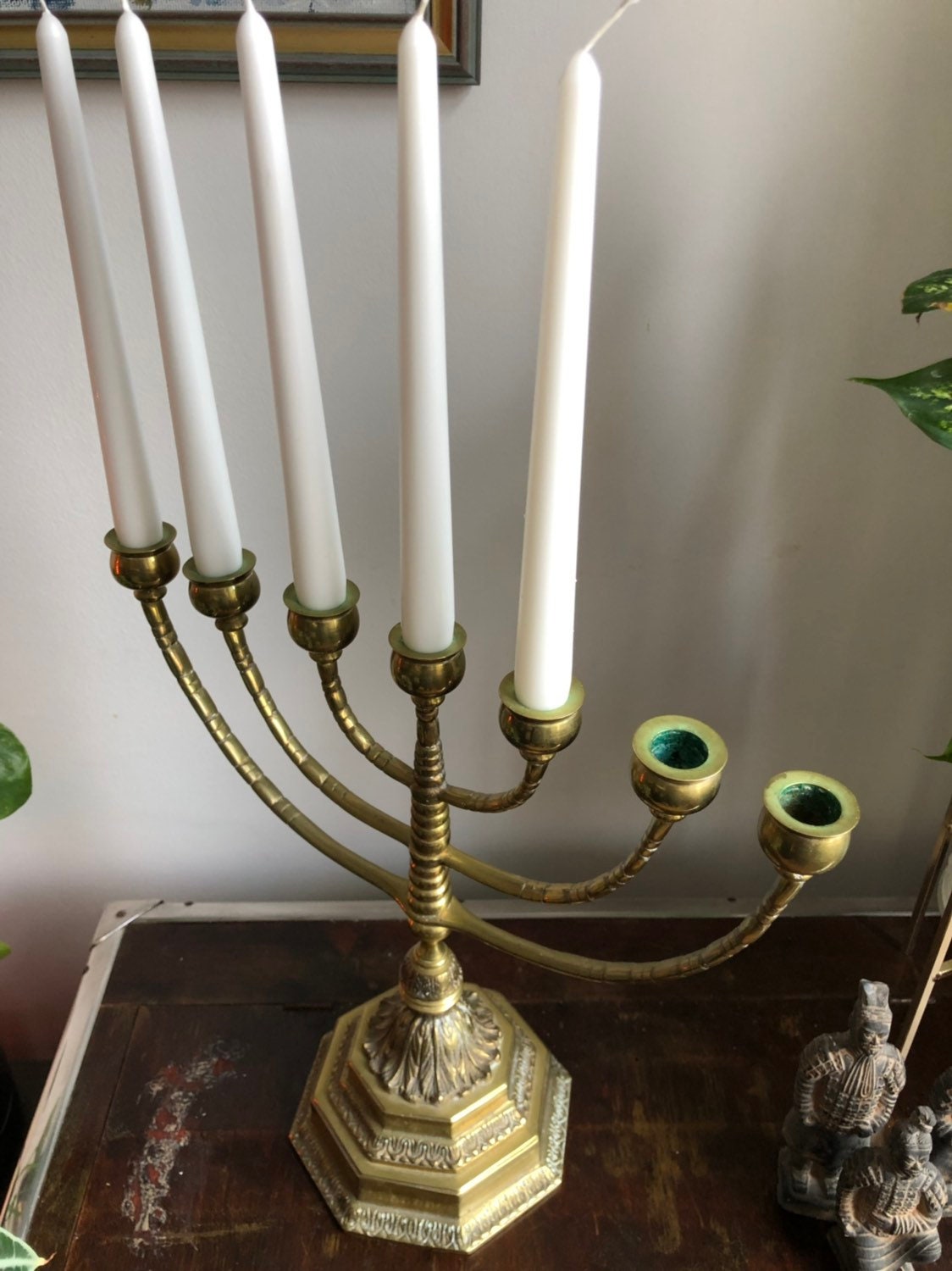 Extra Large solid heavy bronze menorah vintage pedestal stunning 7 arm