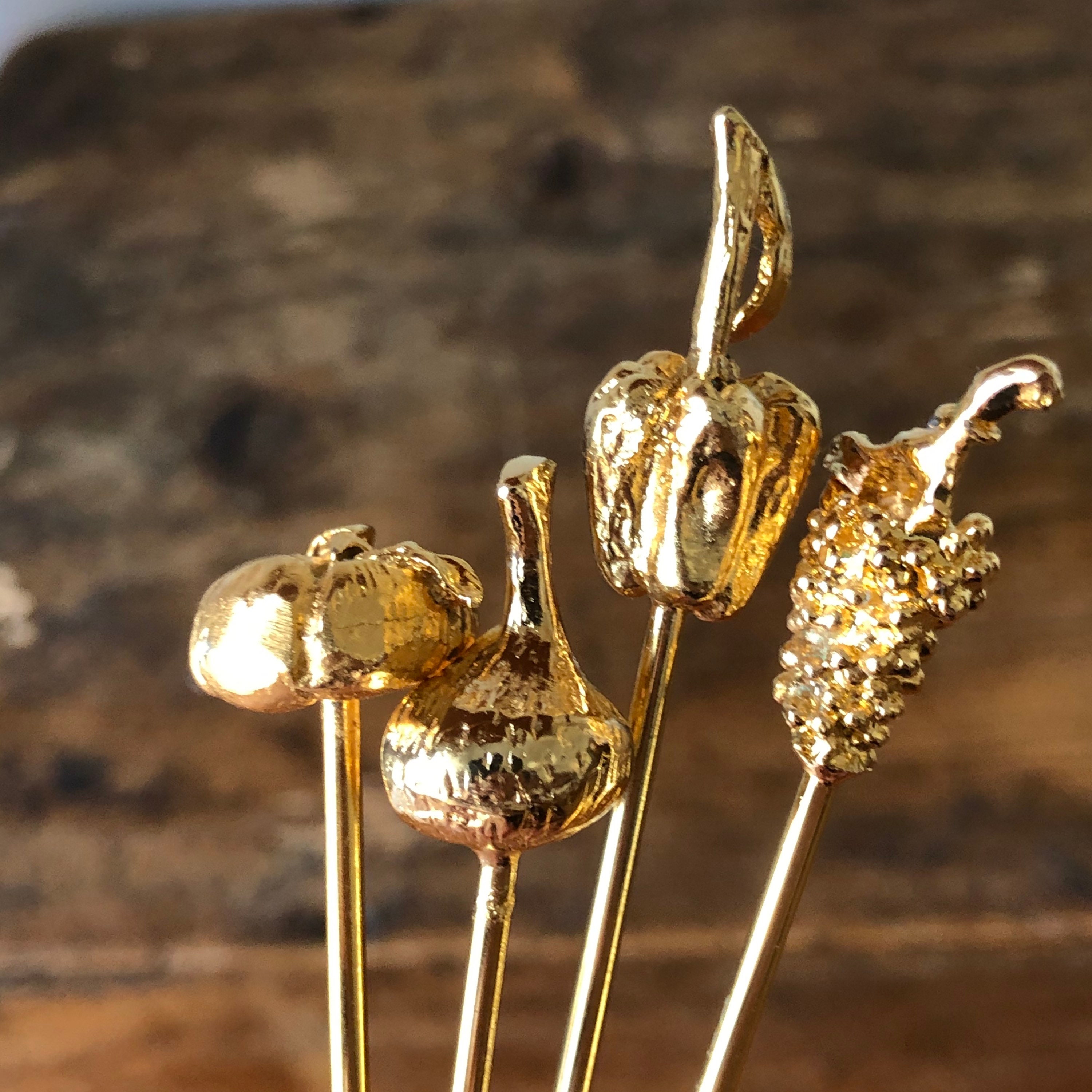 Vintage gold plated drink pin set with cocktail garnish motif Bar cart ...
