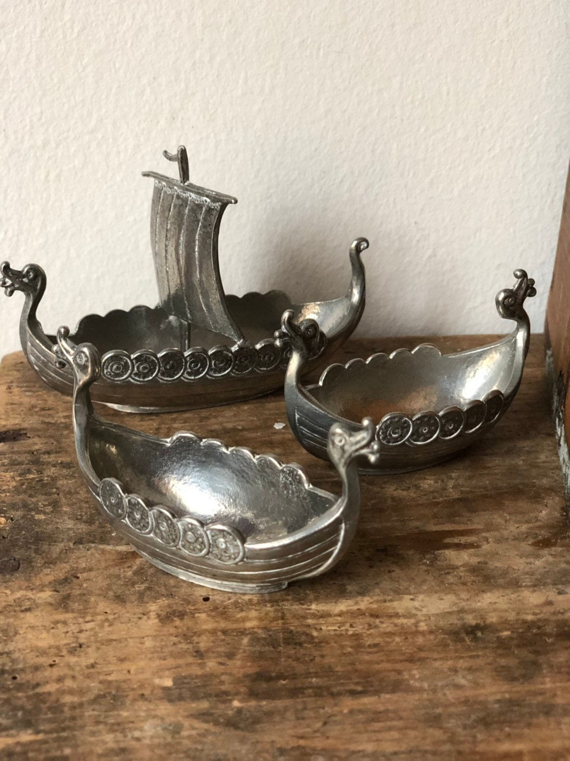 Pewter Norwegian handmade boats salt spice holders / viking style set ...