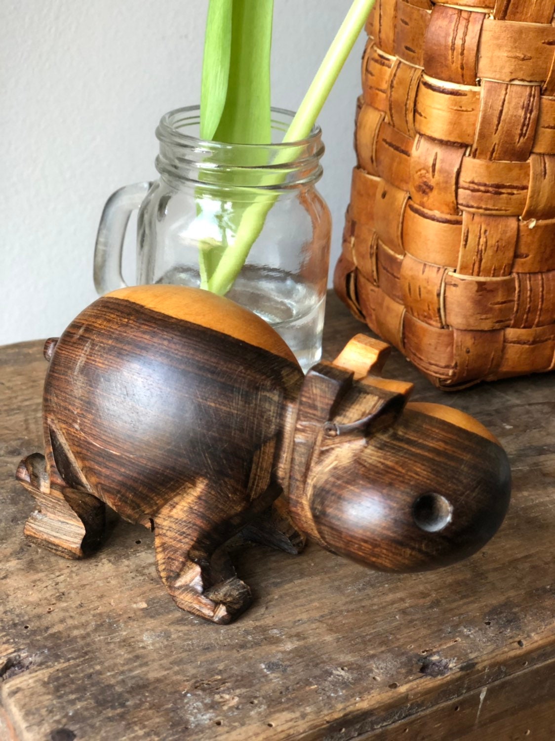 Midcentury modern hand carved wooden hippo hippopotamus